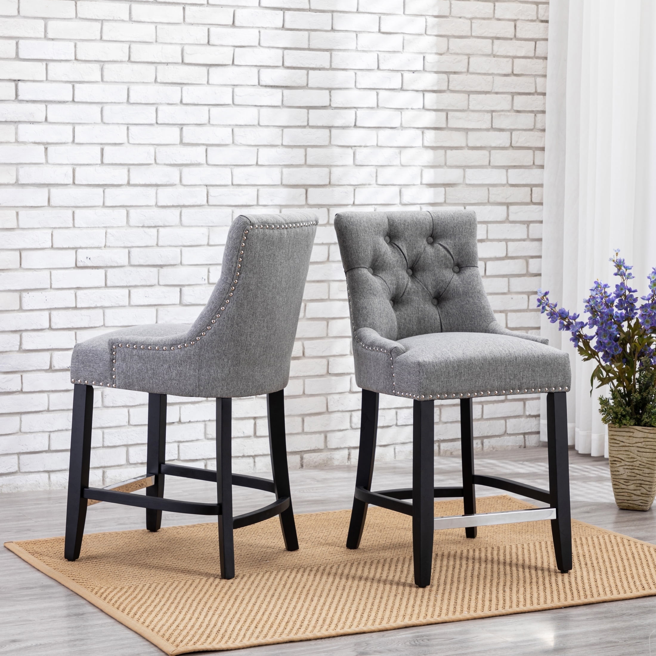 WestinTrends Hayes Bar Stools Set of 2, Linen Upholstered, Button ...