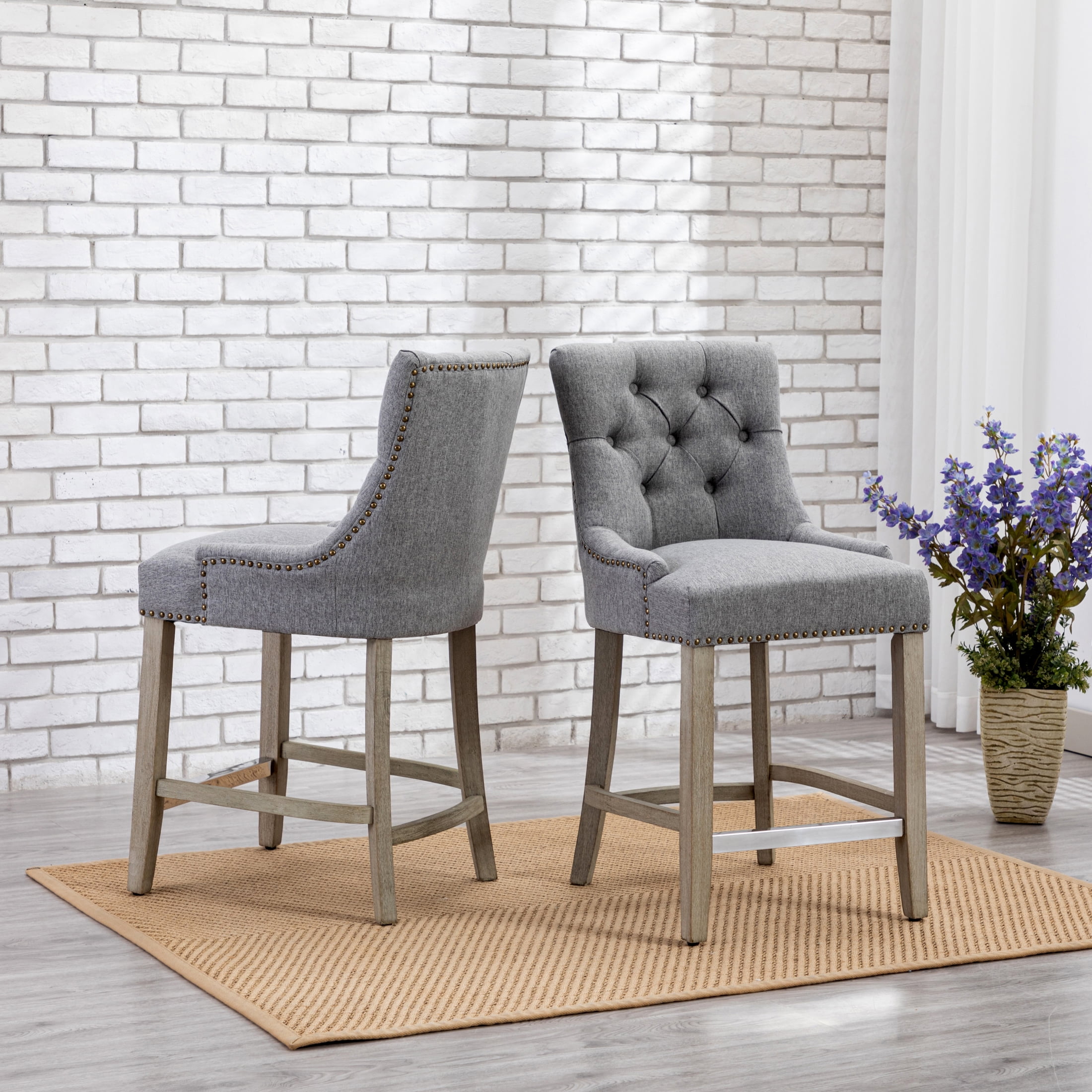 WestinTrends Hayes Counter Stools Set of 2, Linen Upholstered Button ...