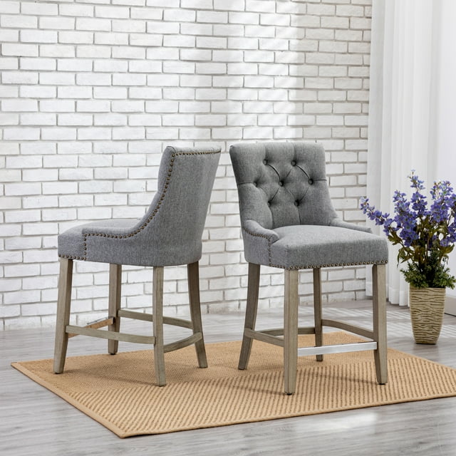 WestinTrends Hayes Counter Stools Set of 2, Linen Upholstered Button ...