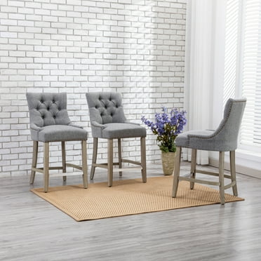 WestinTrends Hayes Bar Chairs Set of 3, Linen Upholstered Button Tufted ...