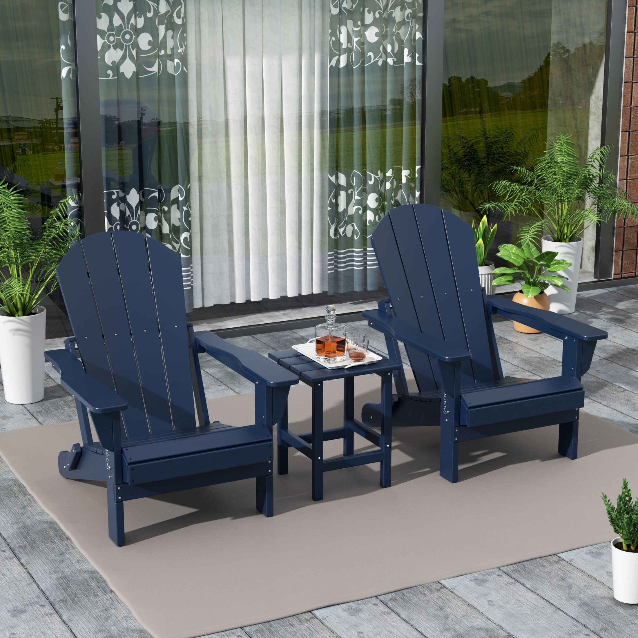 WestinTrends Malibu Navy Blue 3-Piece Adirondack Chairs Set with Table ...