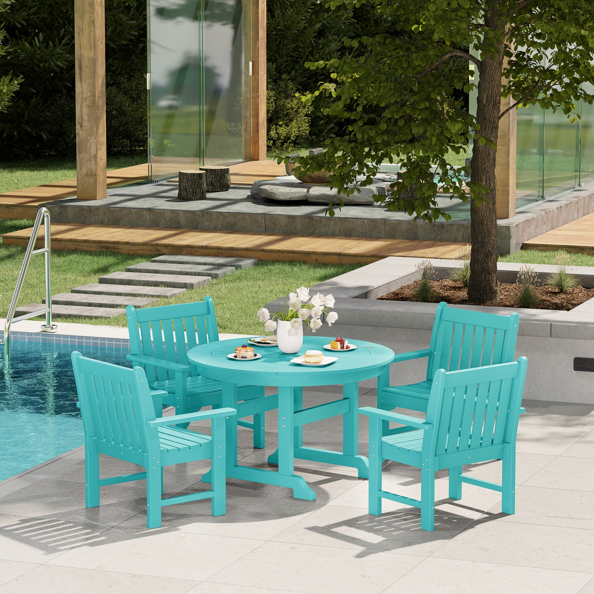 WestinTrends Malibu 5-Piece HDPE Outdoor Patio Chair and Round Table Dining Set, Turquoise ...