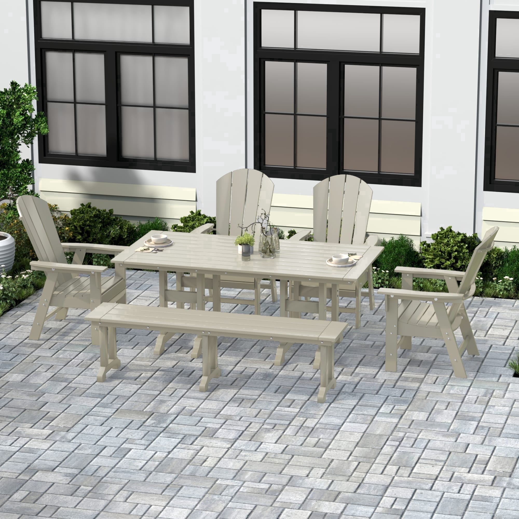WestinTrends Malibu 6 Piece Adirondack Patio Dining Set with Bench, All ...