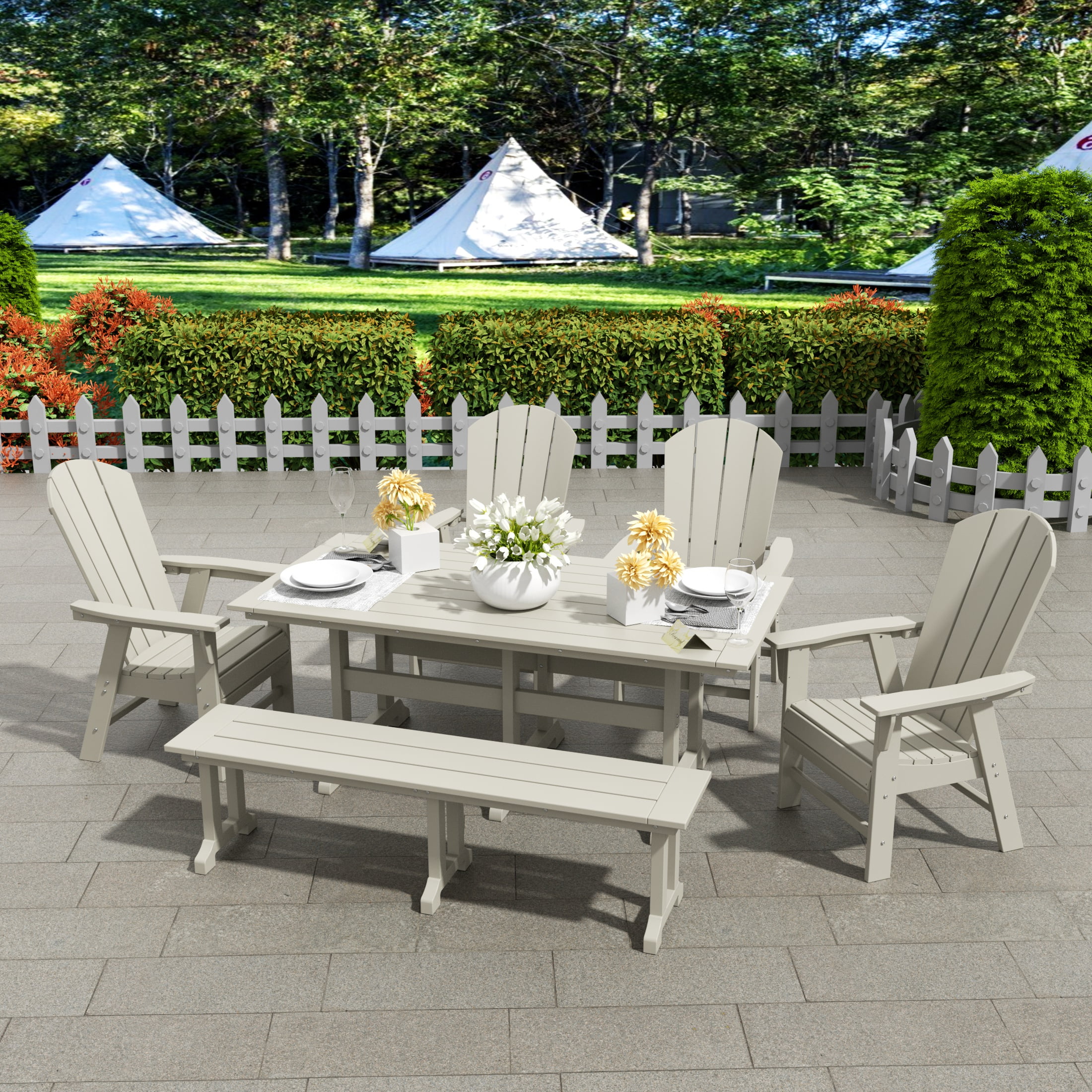 WestinTrends Malibu 6 Piece Adirondack Patio Dining Set with Bench, All ...