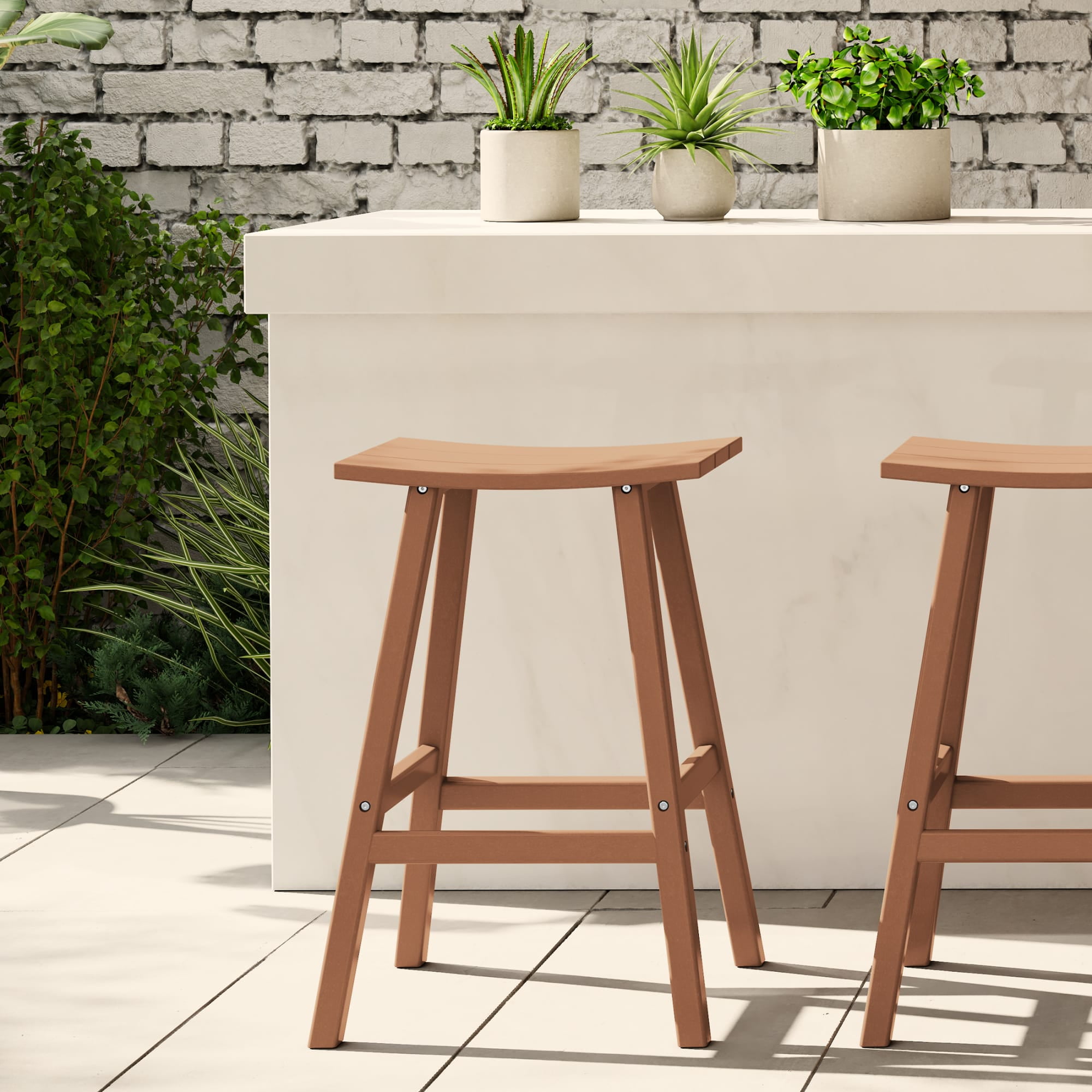 WestinTrends Malibu HDPE Outdoor Patio 29" Bar Stool Saddle Seat, Teak ...