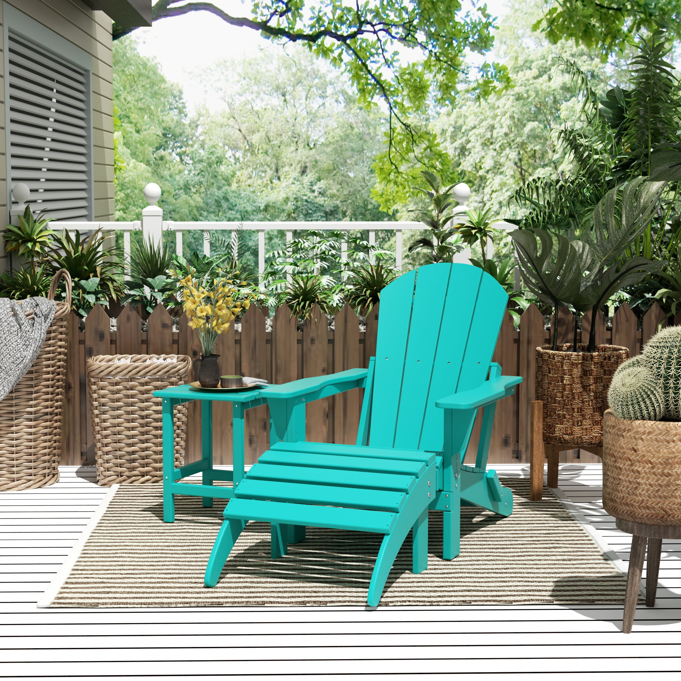 WestinTrends Malibu Outdoor Lounge Chairs 3 Pieces Adirondack Chair Set with Ottoman and Side Table All Weather Poly Lumber Patio Lawn Folding Chair for Outside Pool Garden Backyard Pacific Blue Walma...