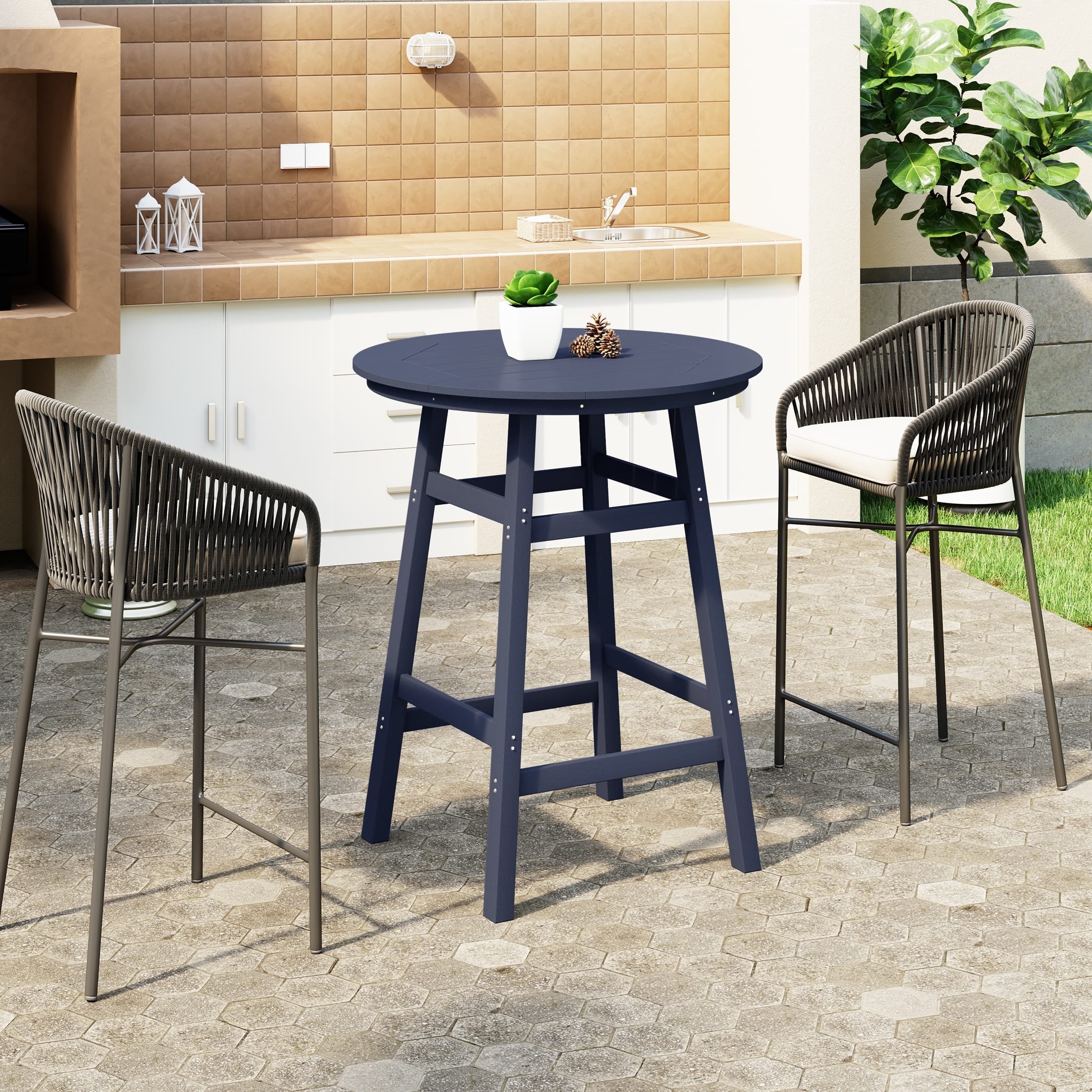 WestinTrends Outdoor 42" Height HDPE Patio Round Bar Table, Navy Blue ...