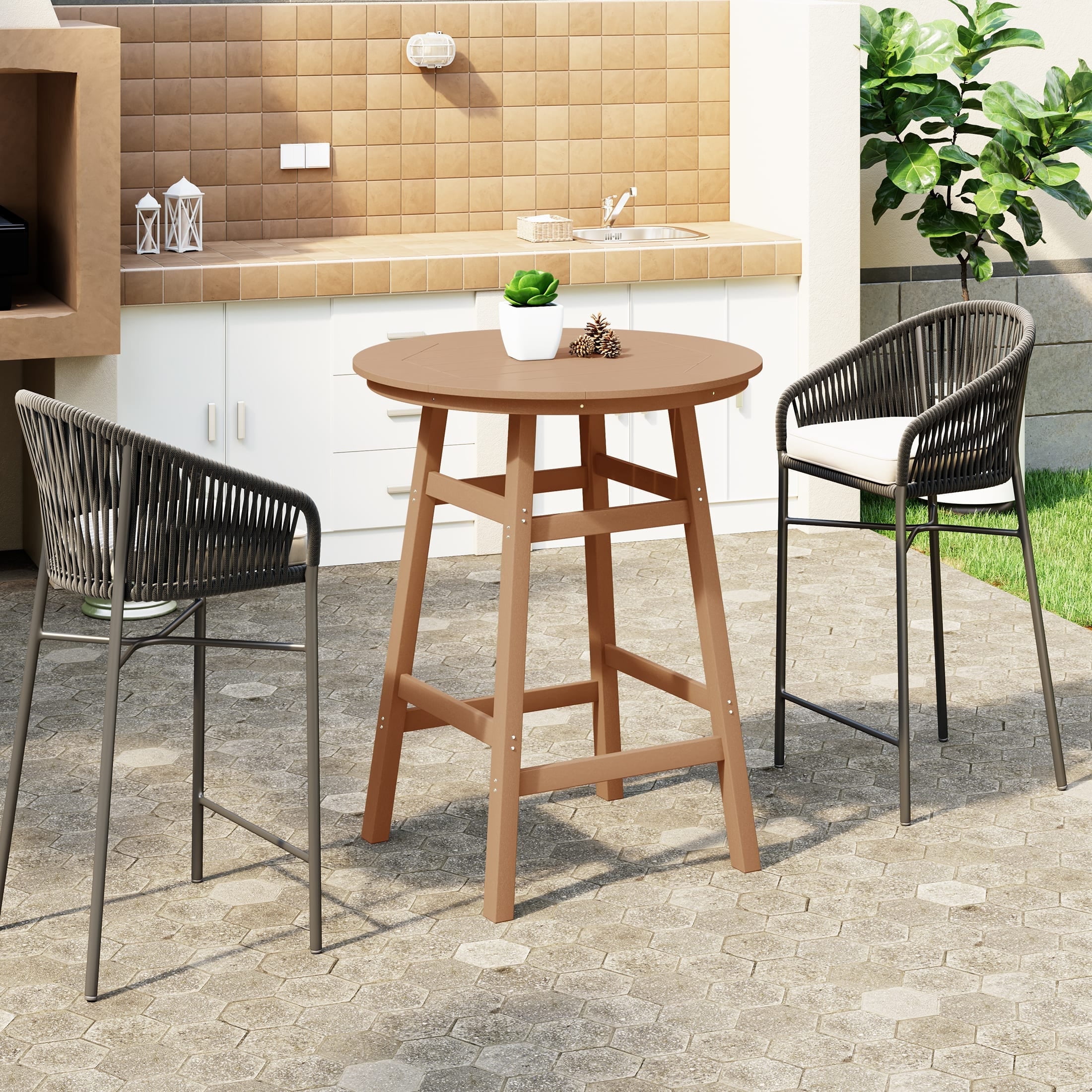 WestinTrends Outdoor 42" Height HDPE Patio Round Bar Table, Teak ...