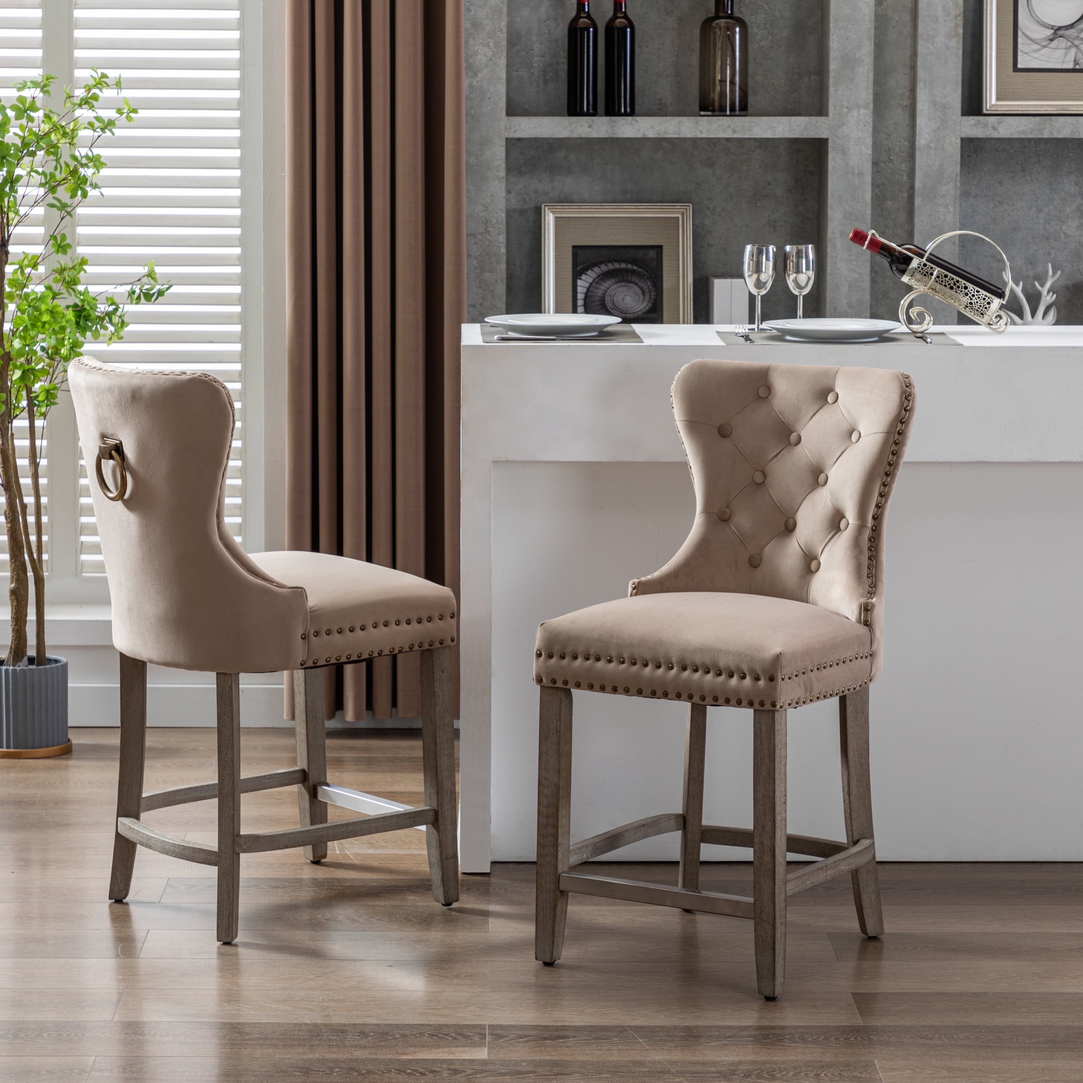 WestinTrends Wordford Set of 2 Velvet Bar Stools, Mid Century, Wing ...