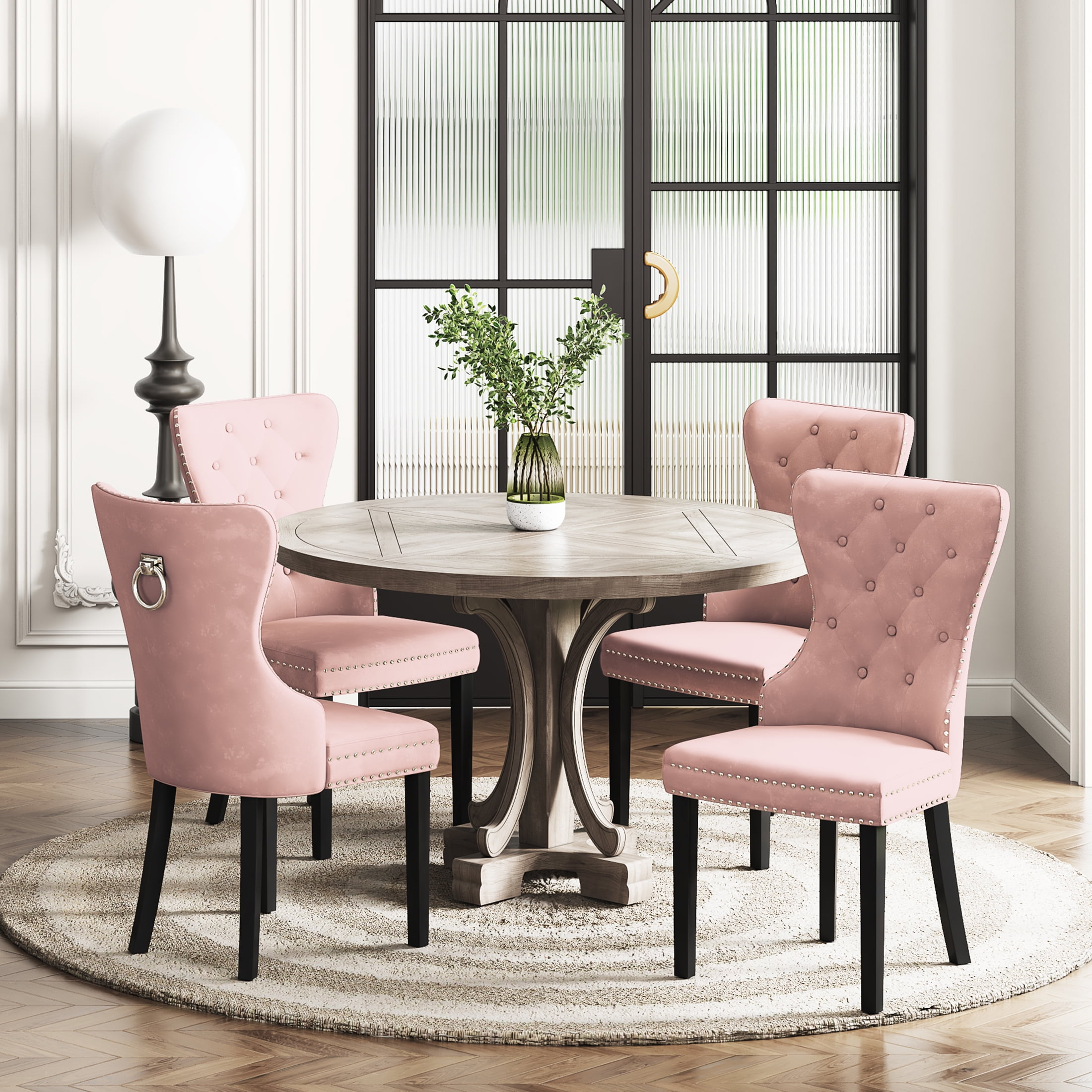 WestinTrends Wordford Velvet Dining Chairs Set of 4 Modern Wingback Upholstered Button Tufted Kitchen Dining Room Chairs with Solid Wood Legs and Pull Ring Pink Walmart