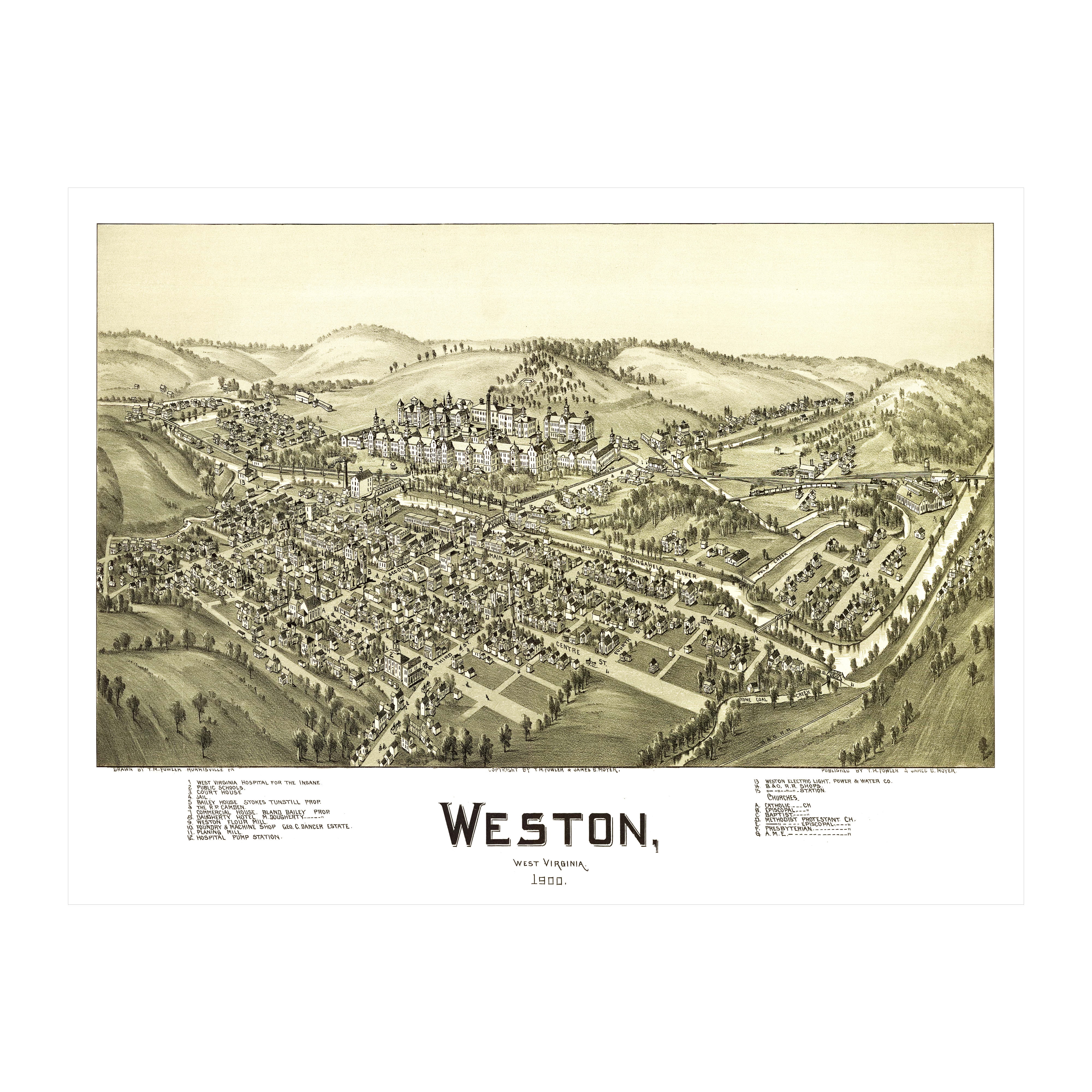 Weston Art, 1900 Vintage Map of Weston West Virginia, WV History Wall ...
