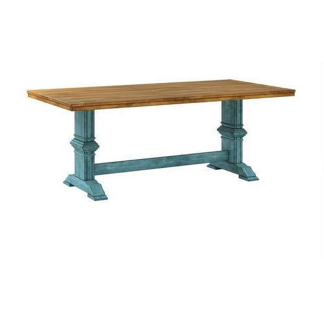 Weston Home 78" Rectangular Oak Top Dining Table with Aqua Trestle Base ...
