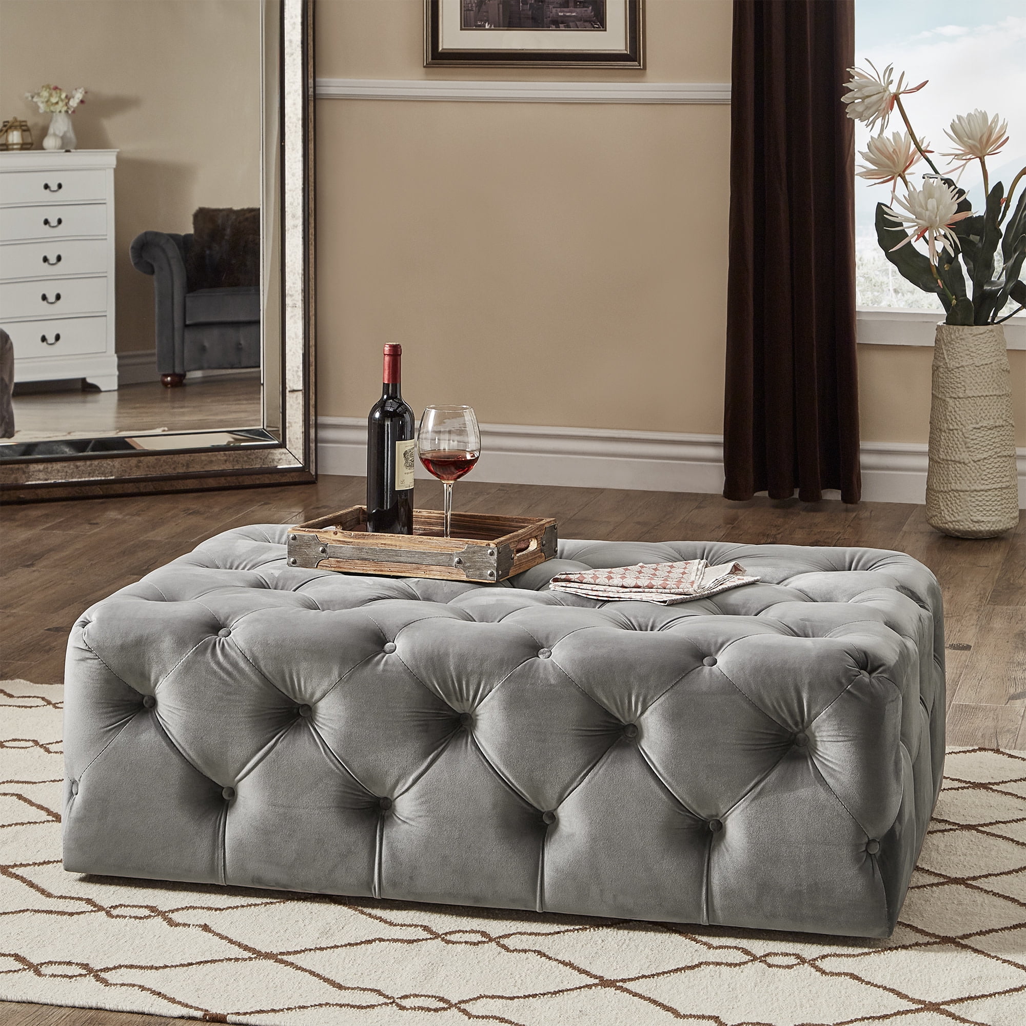 Weston Home Bowman Rectangular Tufted Ottoman with Casters, Grey Velvet ...