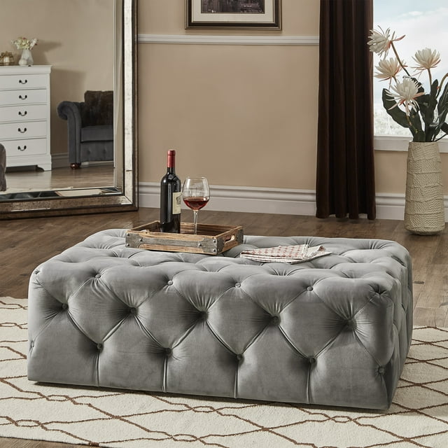 Weston Home Bowman Rectangular Tufted Ottoman with Casters, Grey Velvet ...
