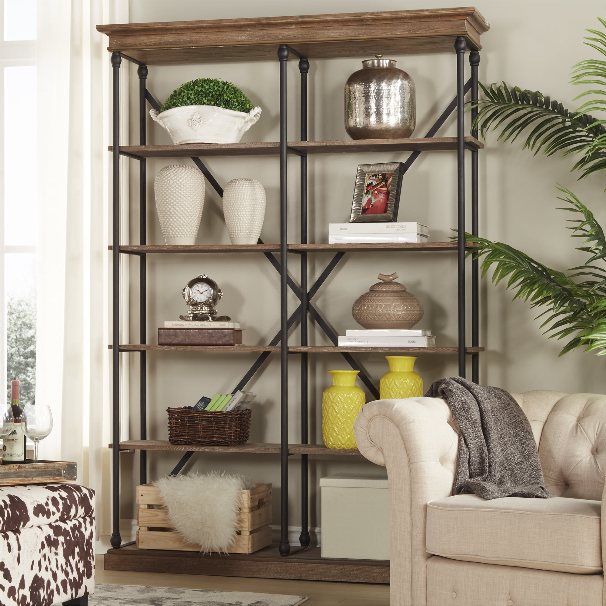 Weston Home Cabana 5 Shelf Rustic X-back Double Bookshelf, Oak ...