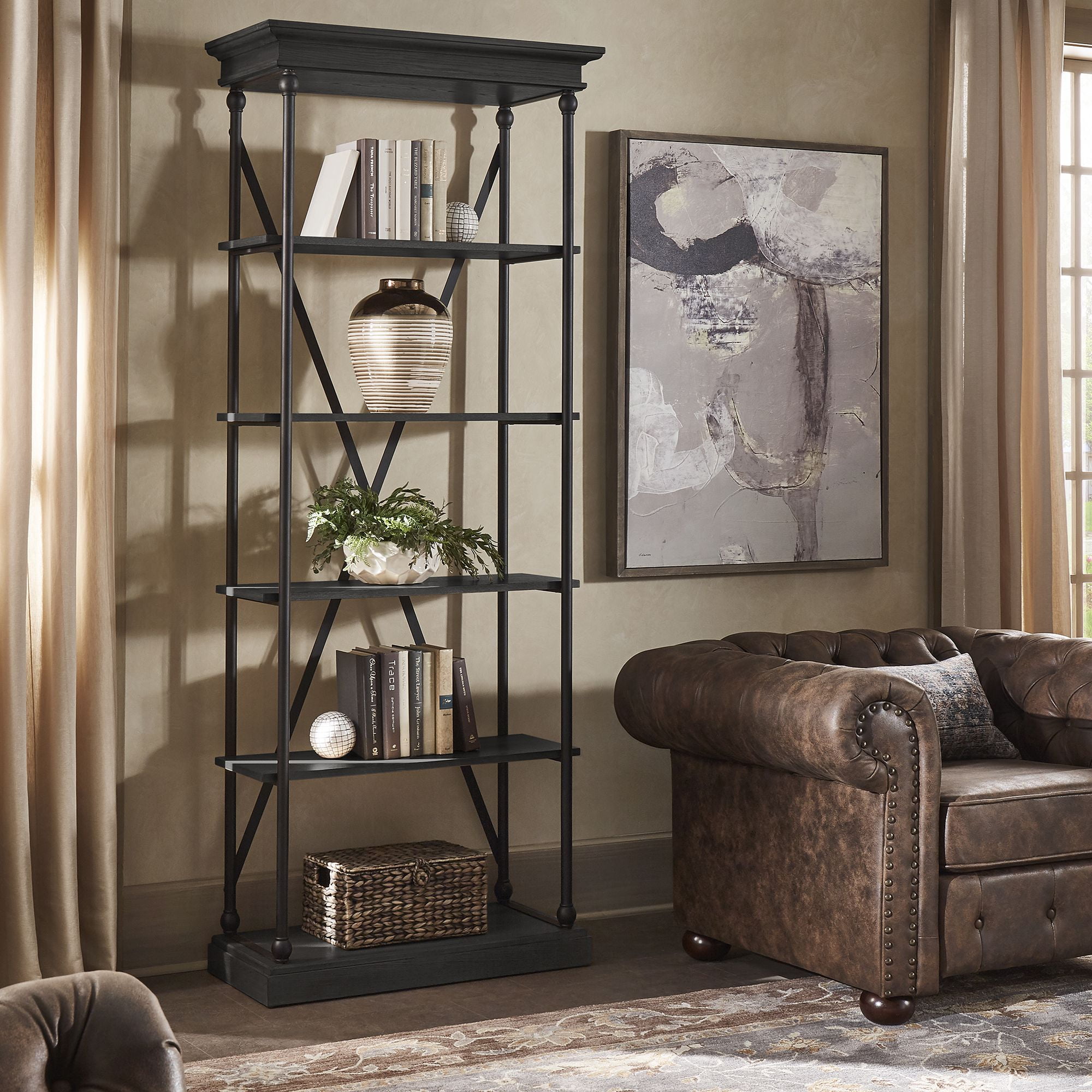 Black metal bookcase with wood shelves store