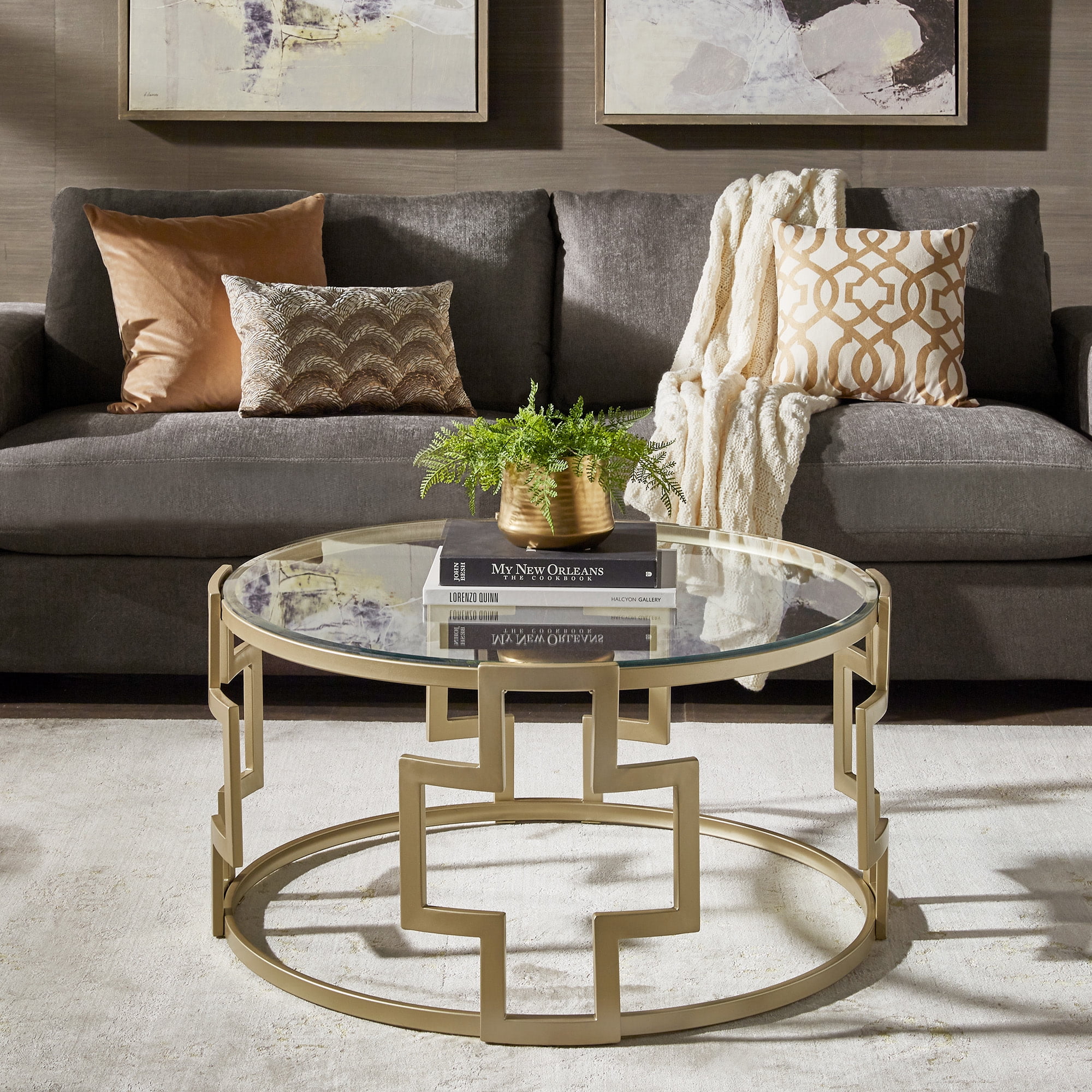 Weston Home Cava 36" Matte Gold Finish Metal Coffee Table with Clear ...