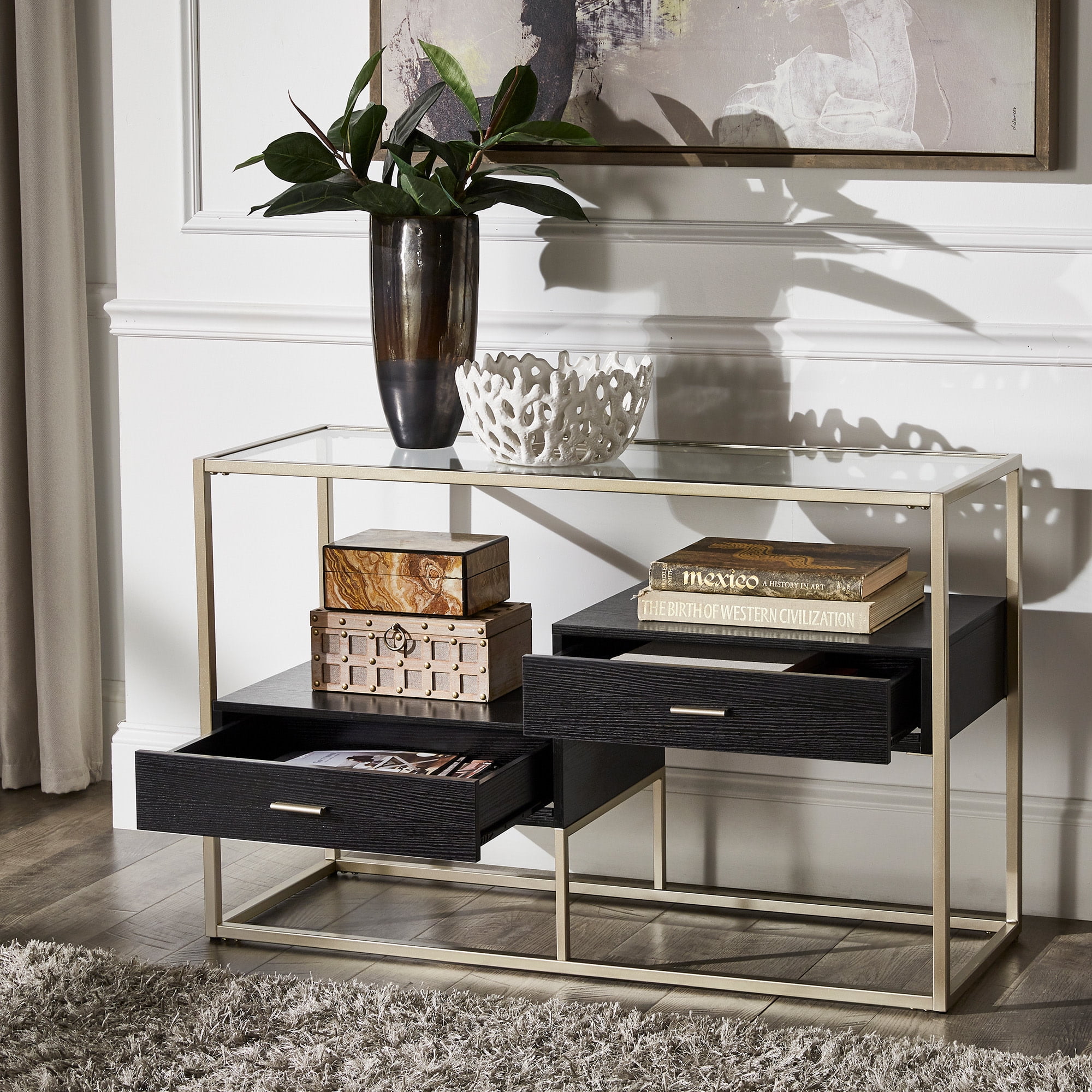 Weston Home Cava Metal and Wood Rectangular Console Table with Storage ...