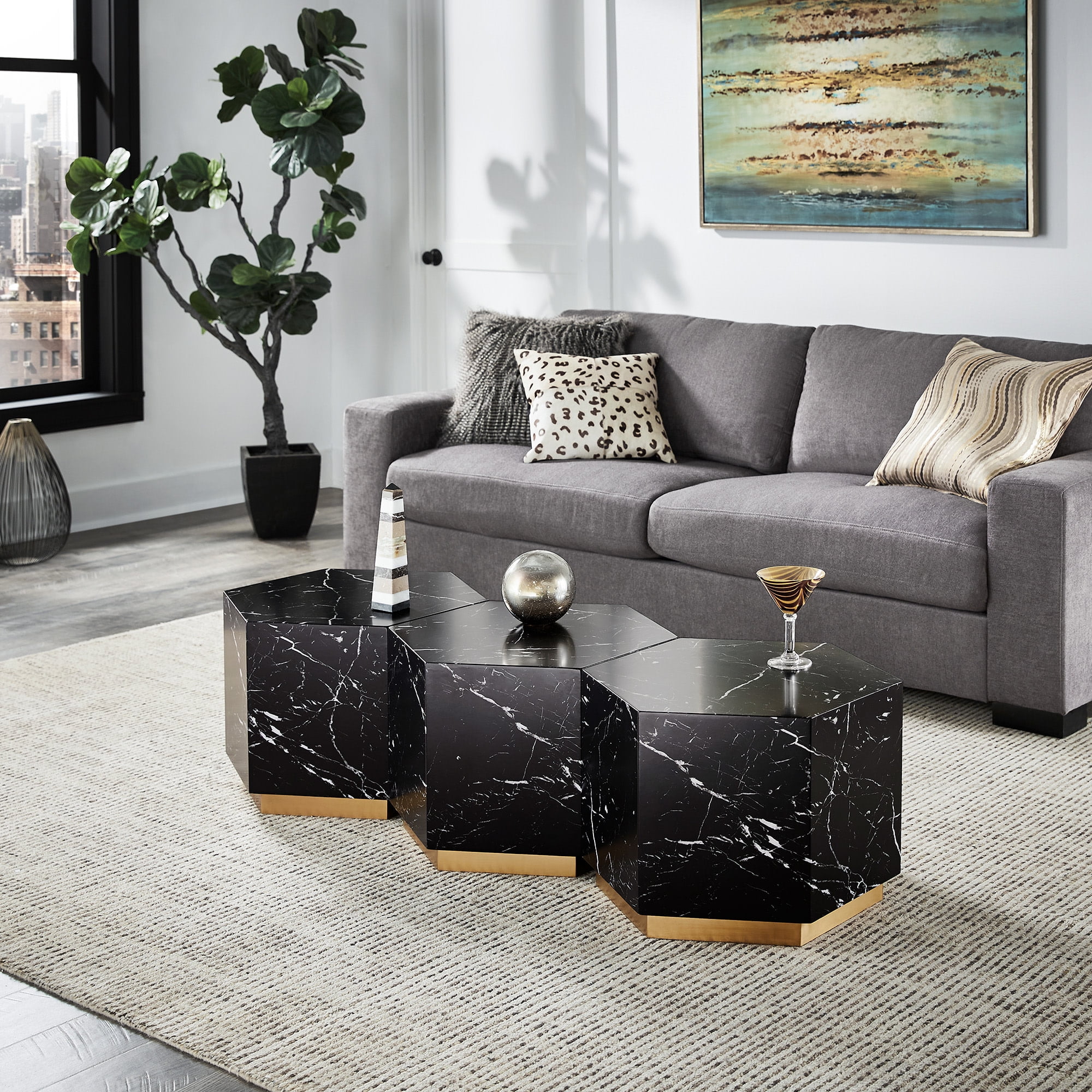 Weston Home Declan Faux Marble Coffee Table, Black, Hexagon - Walmart.com