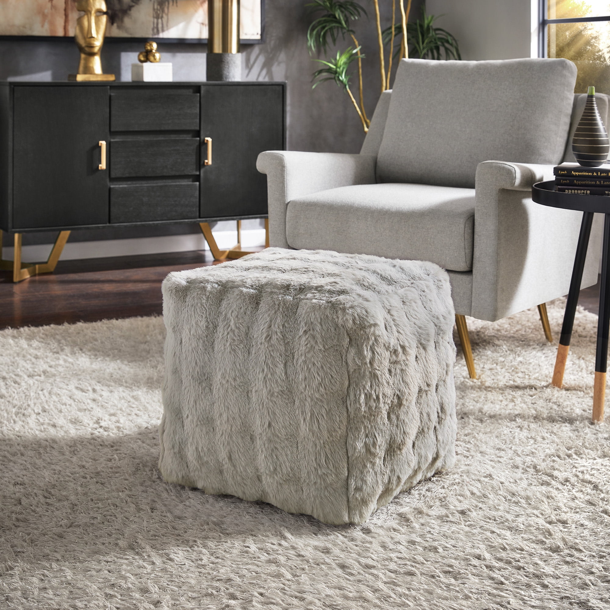 Weston Home Dinant Upholstered Square Pouf Ottoman, Grey Square Furry ...