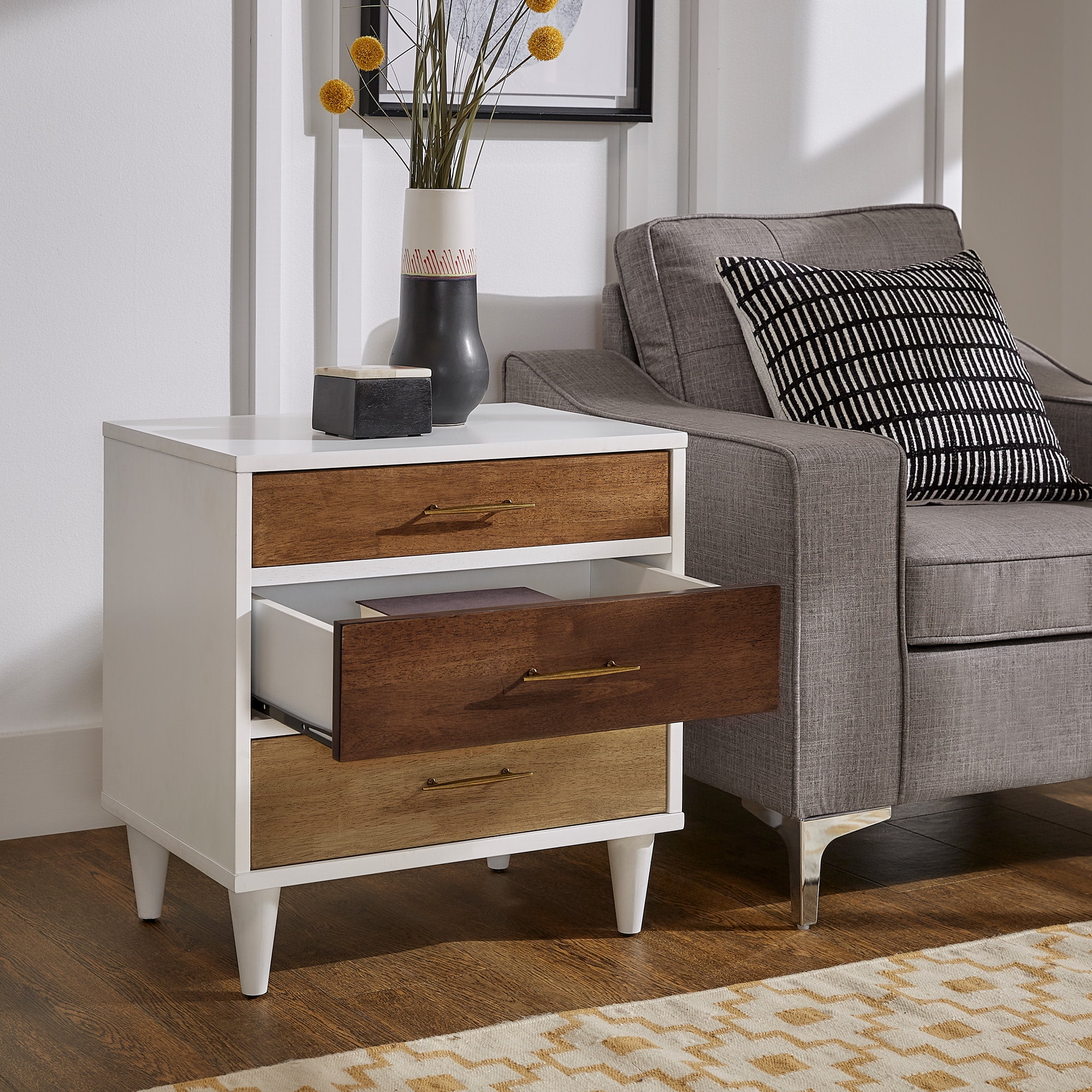 Free Shipping! Weston Home Dorcas Mid-Century 3 Drawer Nightstand White Natural Finish Modern ...