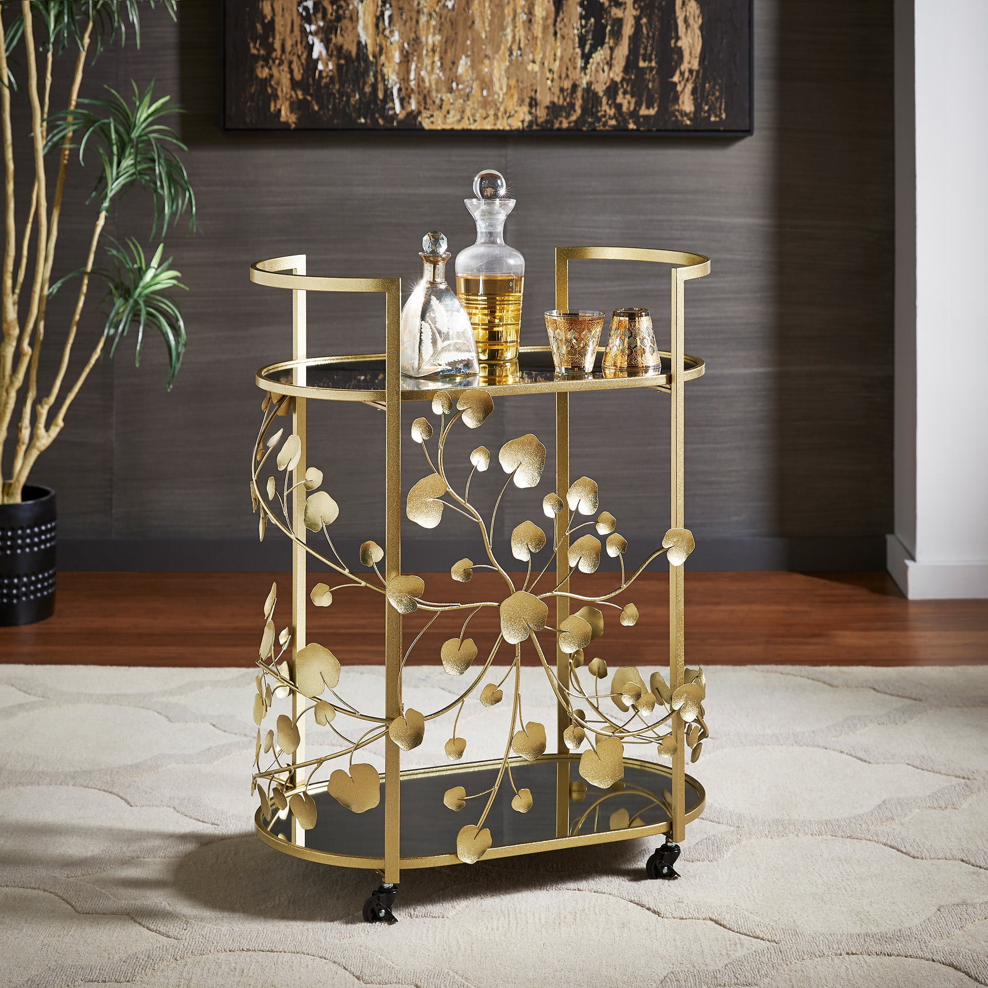 Weston Home Greenpoint Gold Finish Foliage Bar Cart with Mirror Top and ...