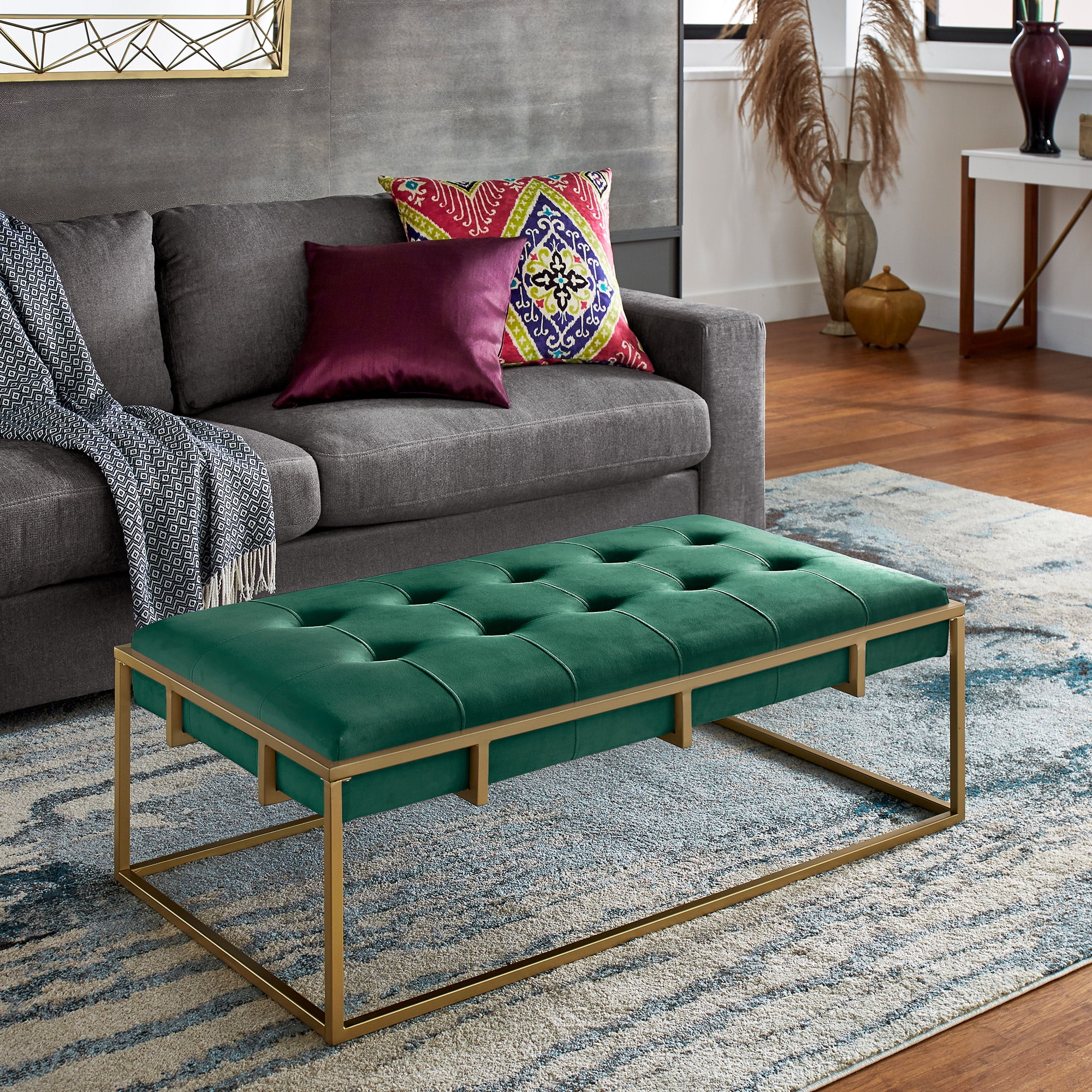 Weston Home Oddie Gold Finish Velvet Button Tufted Rectangular Ottoman Dark Green