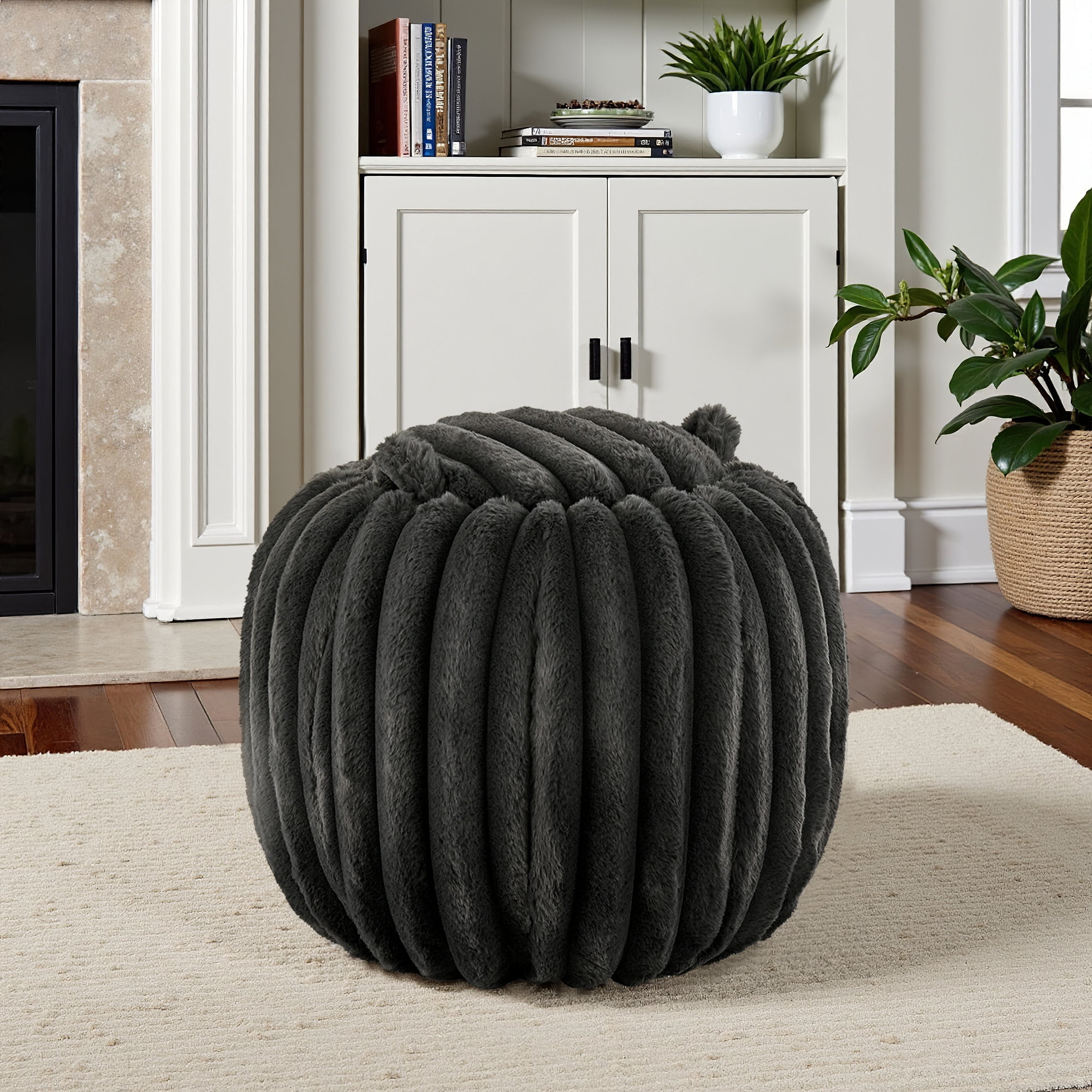 Weston Home Portola Plush Furry Channel Fabric Storage Ottoman, Dark ...