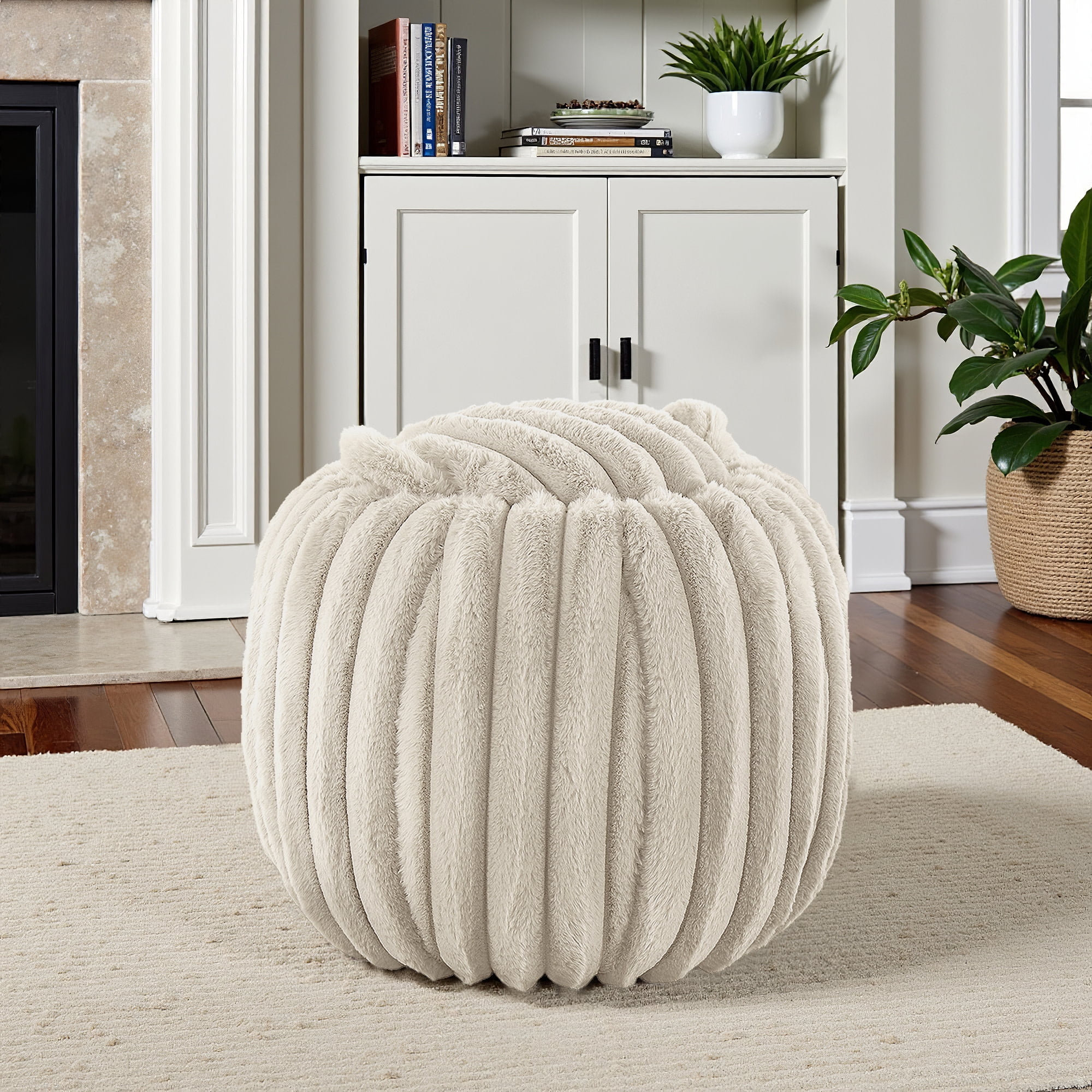 Weston Home Portola Plush Furry Channel Fabric Storage Ottoman, Ivory ...
