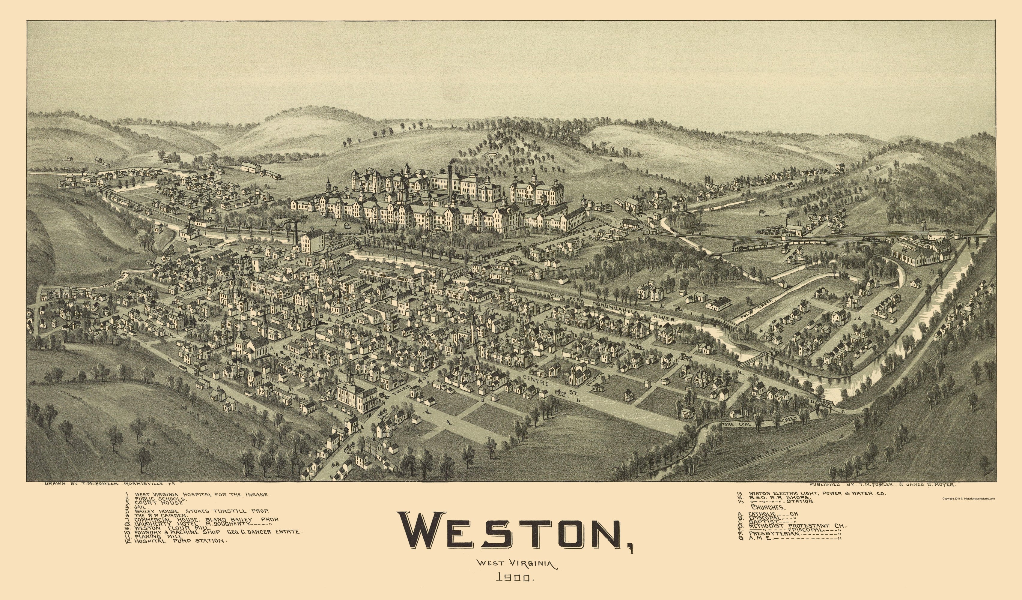 Historic Panoramic View - Weston West Virginia - Fowler 1900 - 23 x 39. ...