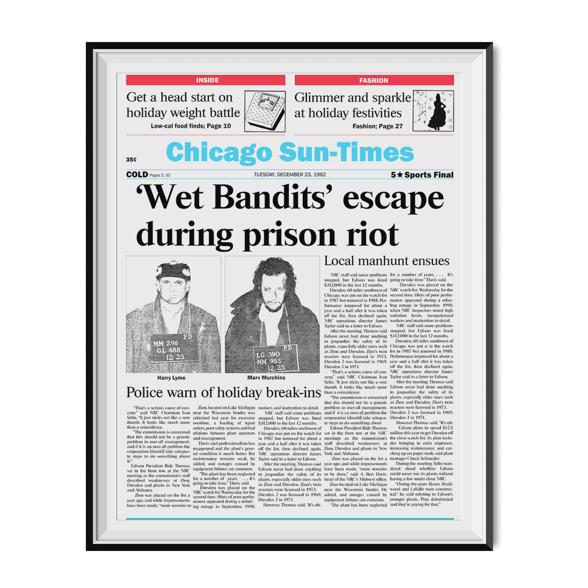High Quality 'Wet Bandits Escape' Newspaper Article Poster, Home Alone ...