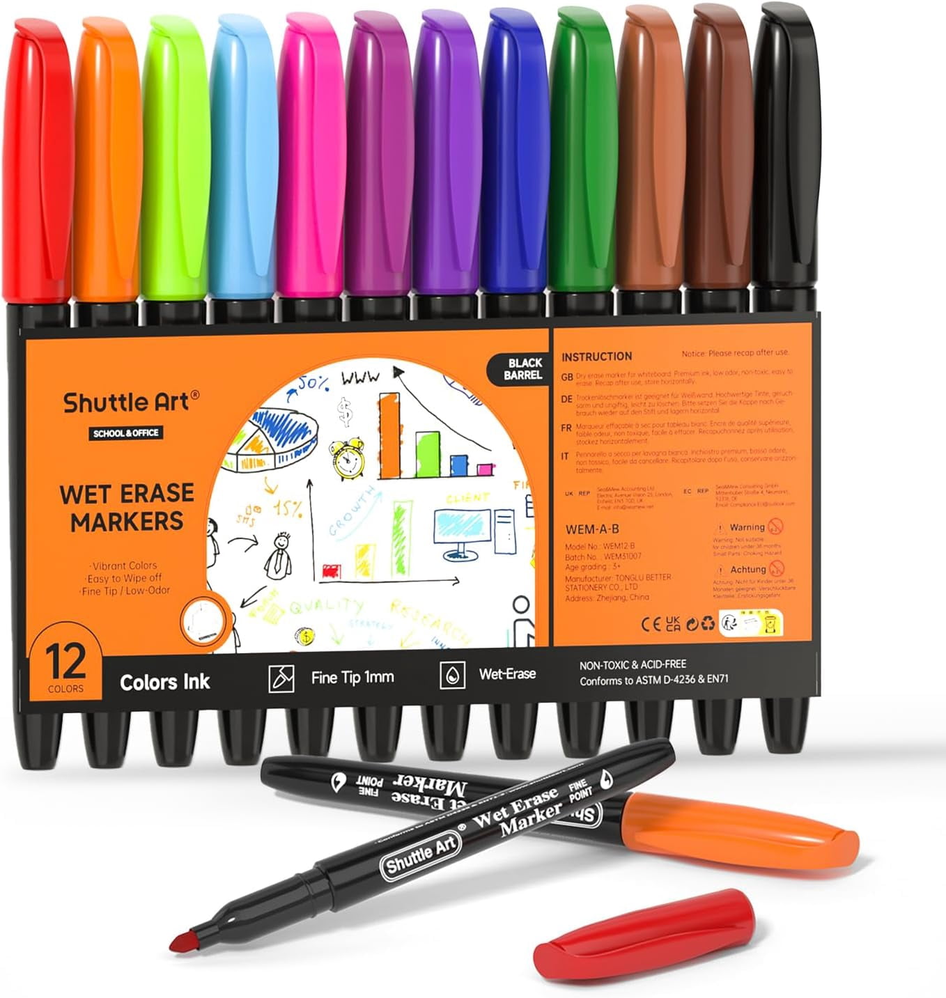 Wet Erase Markers, 12 Colors 1mm Fine Tip Smudge-Free Markers, Use on ...