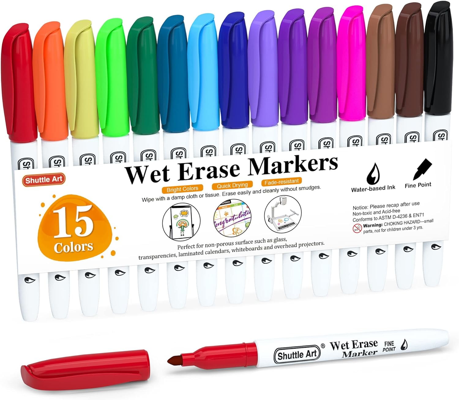 Wet Erase Markers, 15 Colors 1mm Fine Tip Smudge-Free Markers, Use on ...