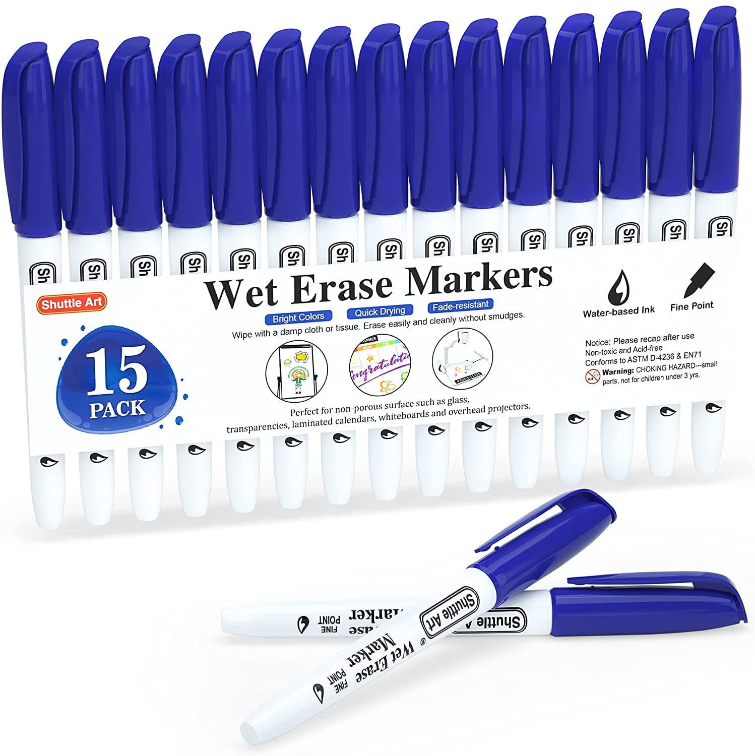 Wet Erase Markers, 15 Pack Blue 1mm Fine Tip Smudge-Free Markers, Use ...