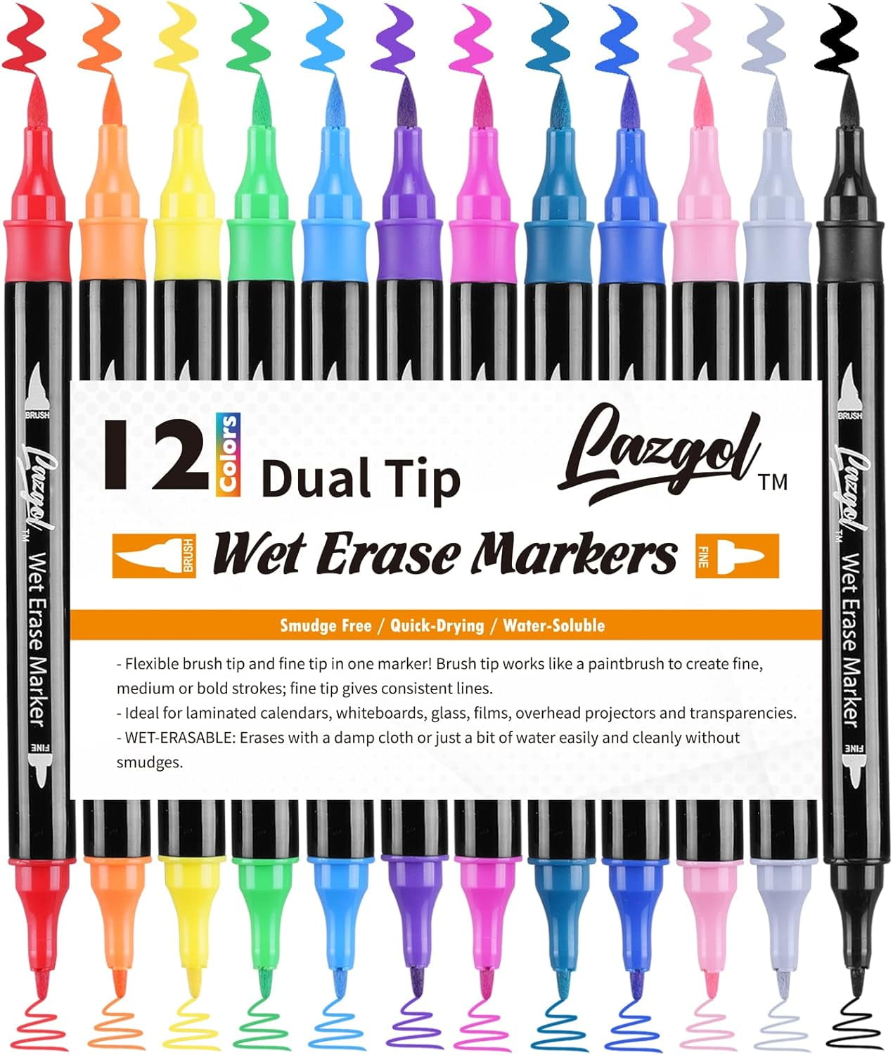 Wet Erase Markers Dual Tip, 12 Assorted Colors, Dual Tip Brush & Fine ...