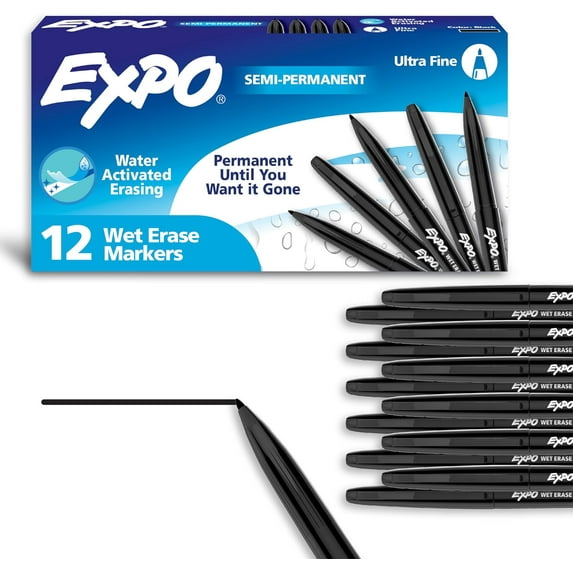 Wet Erase Markers, Semi-Permanent, Black, Ultra Fine Tip, 12 Count ...