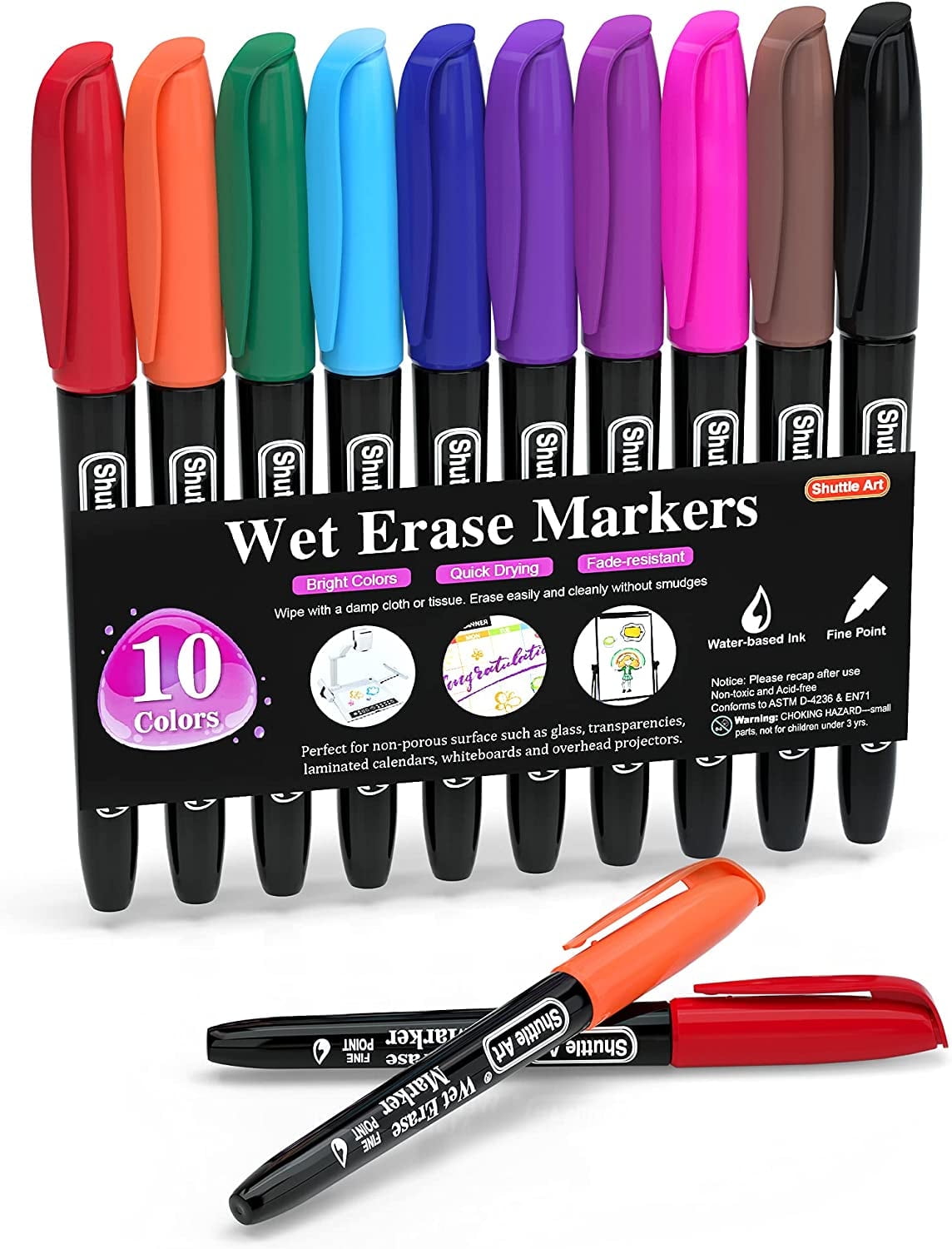 Shuttle Art 10 Colored Wet Erase Markers, 1mm Fine Tip, Smudge-Free ...