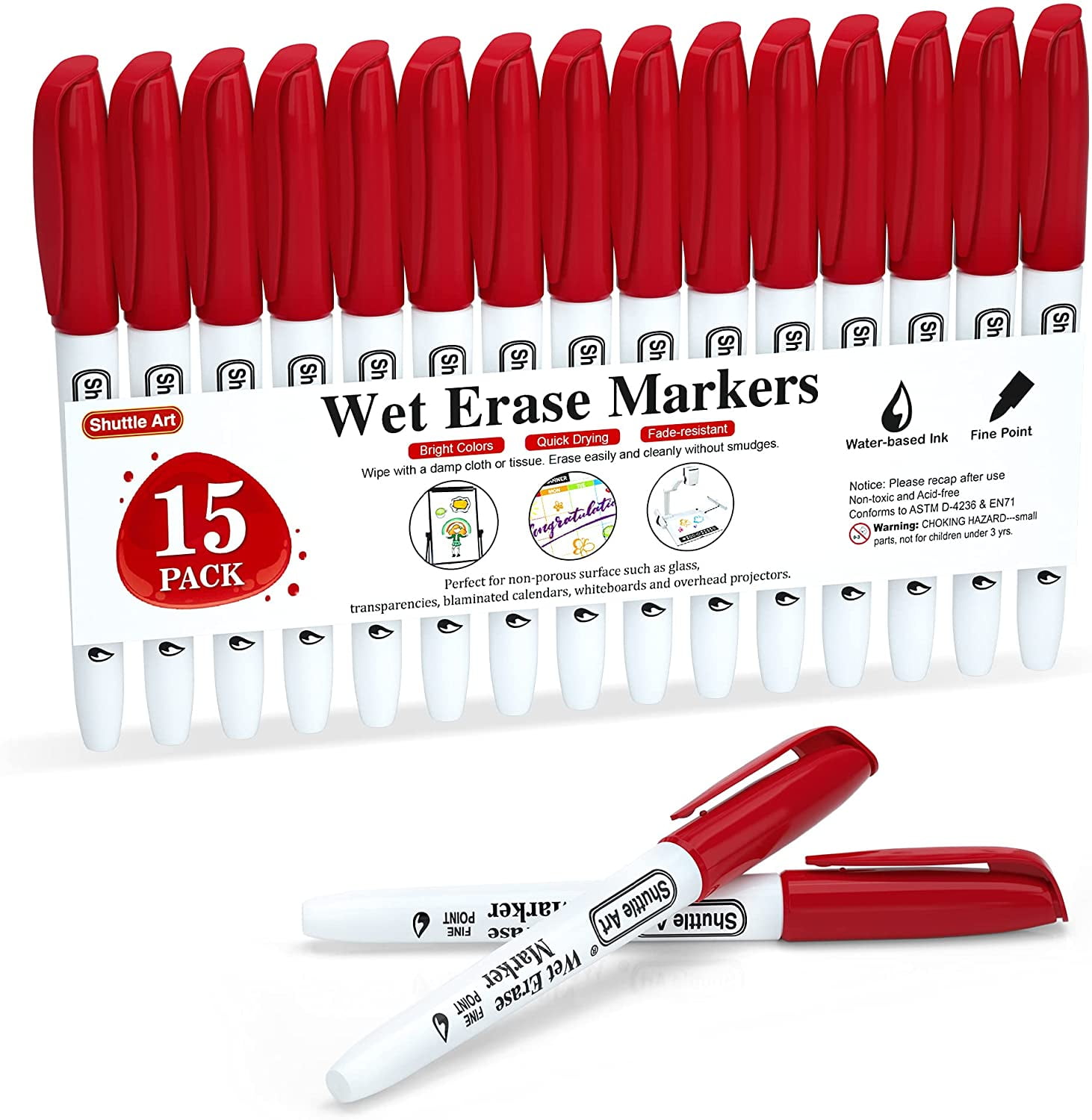 Wet Erase Markers, Shuttle Art 15 Pack Red 1mm Fine Tip Smudge-Free ...