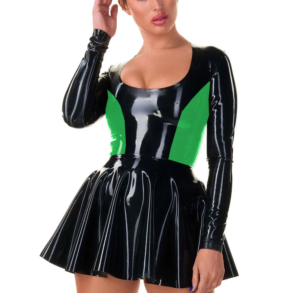 Wet Look A-line Pleated Dress Fashion Patchwork Sexy Scoop Neck PVC ...