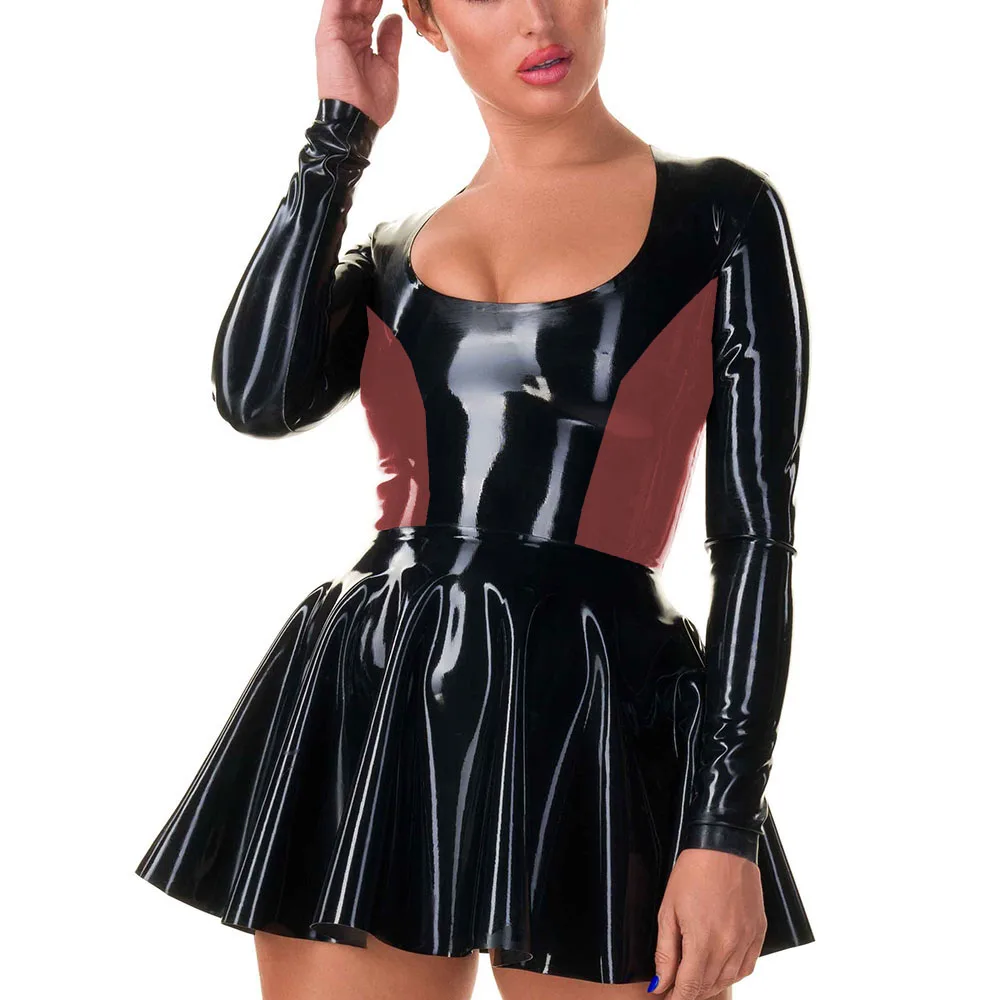 Wet Look A-line Pleated Dress Fashion Patchwork Sexy Scoop Neck PVC Shiny Mini Dress Swing ...