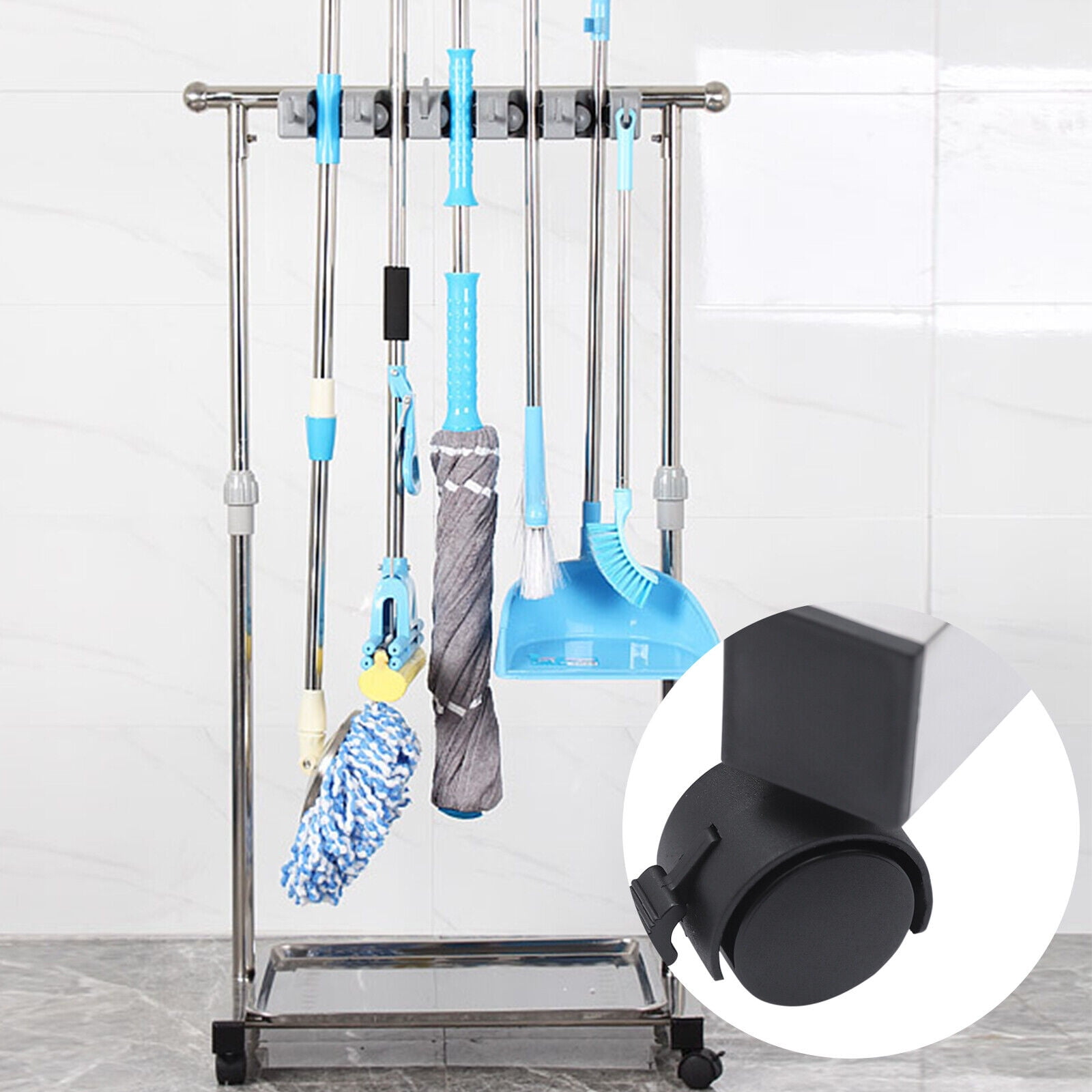 Wet Mops Rack Broom Holder 5 Slots 6 Hooks Movable Standing Cleaning ...