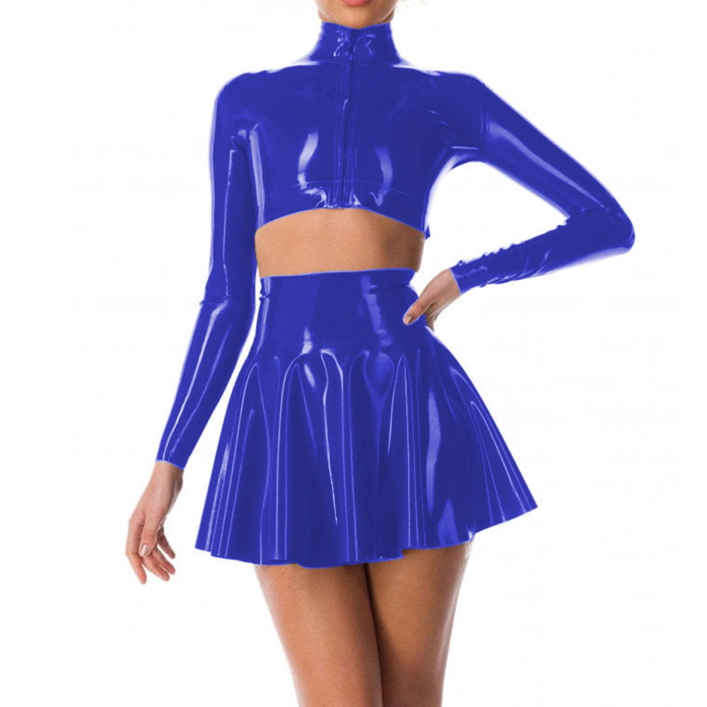 Wet PVC Leather 2 Piece Sets for Women Glossy Long Sleeve High Neck ...