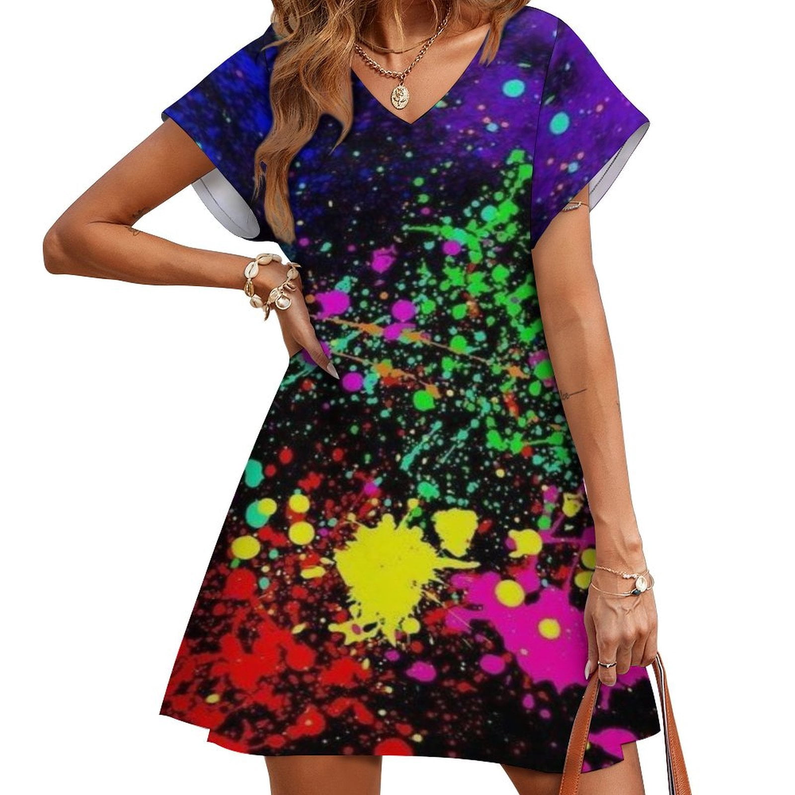 Wet Paint Retro Color Splash Ladies Summer Short Sleeve Fashion Dress V ...
