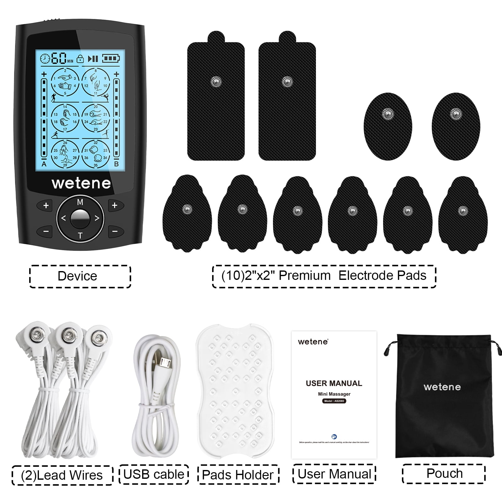 Wetene TENS Unit - Rechargeable, Dual Channel EMS, 10 Reusable Pads, 36 ...