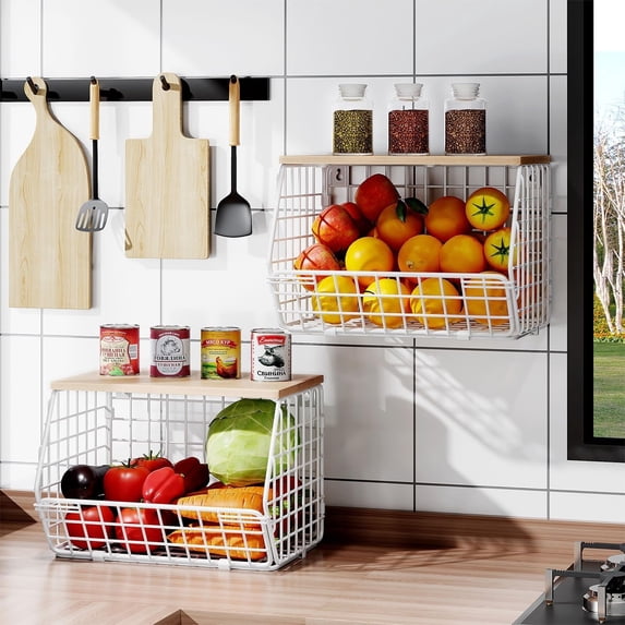 Wetheny, Wall Mounted Wire Basket, 2pcs, Kitchen Pantry Storage ...