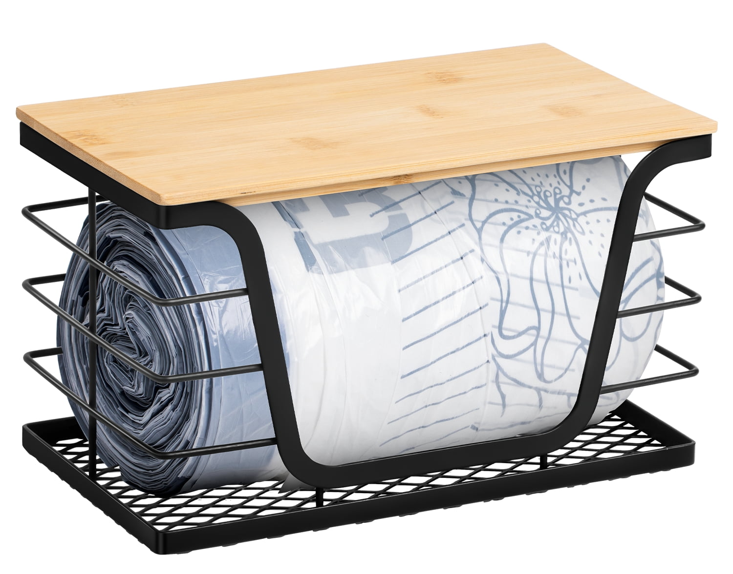 "Wetheny Trash Bag Holder, Bamboo Top and Mesh Bottom Dispenser, Wall ...