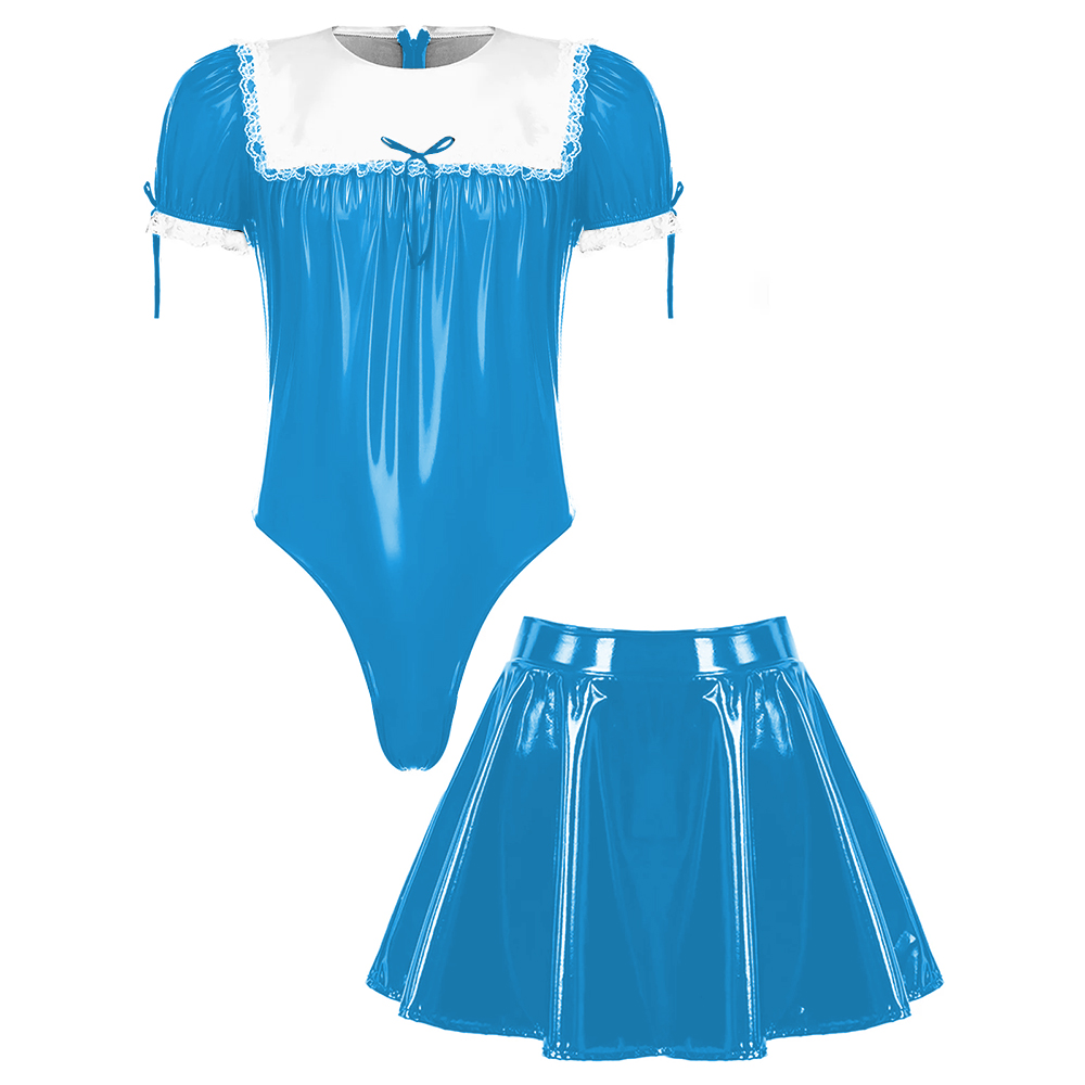 Wetlook PVC Mens 2 Piece Set Maid Costume Short Puff Sleeve Bodysuit ...