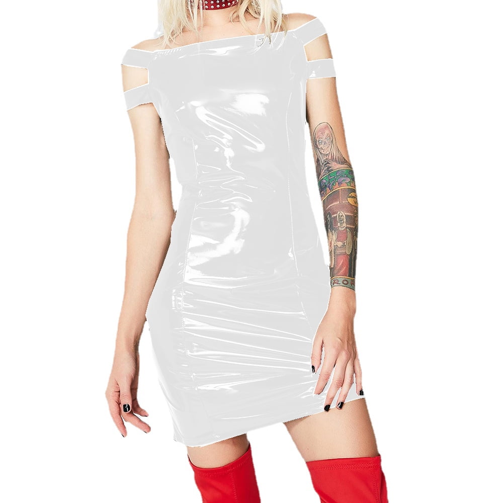 Wetlook PVC Women Slash Neck Sexy Bodycon Mini Dress Faux Latex Off ...