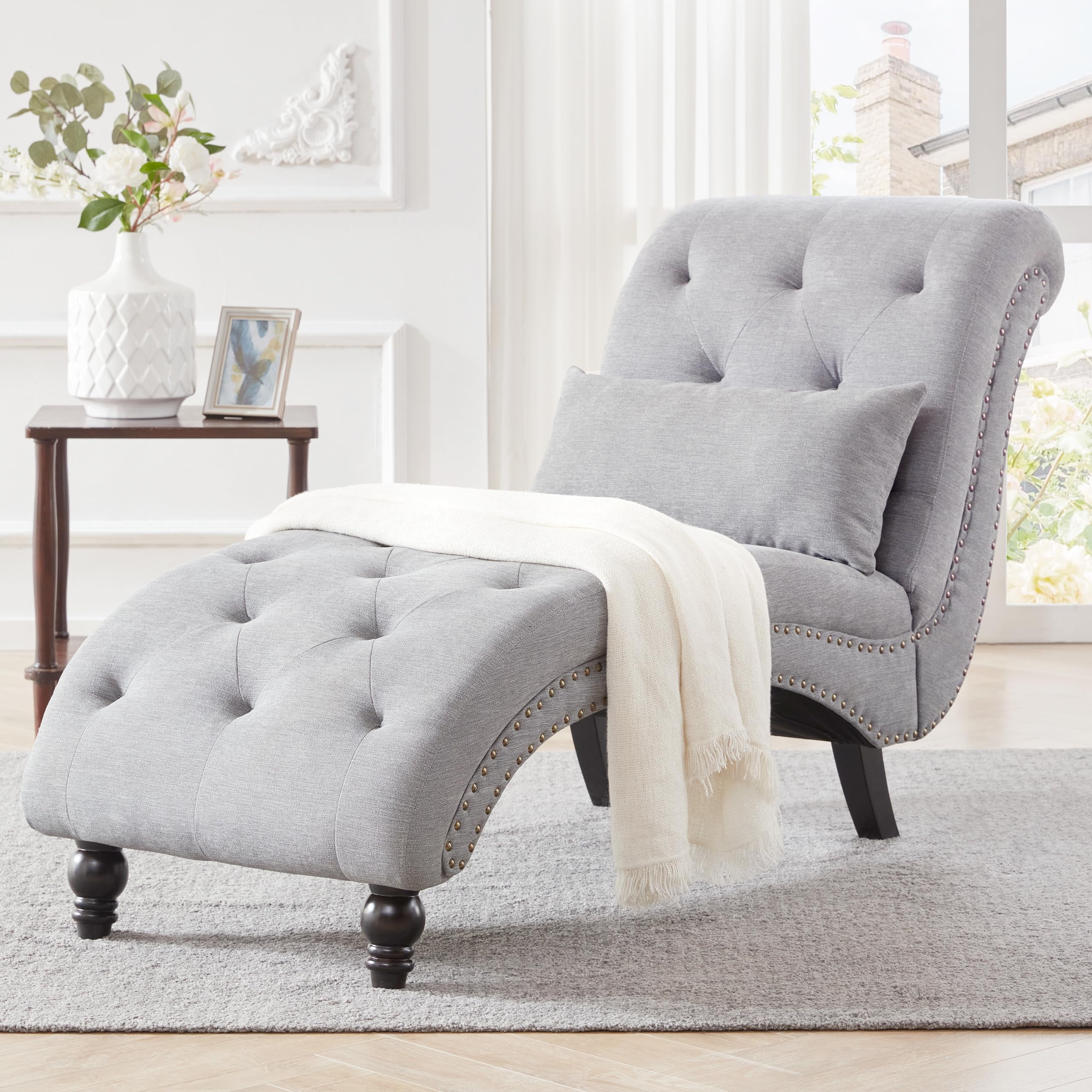 Weture Tufted Soft Chaise Lounge Indoor, Linen Rivets Chaise Lounge ...
