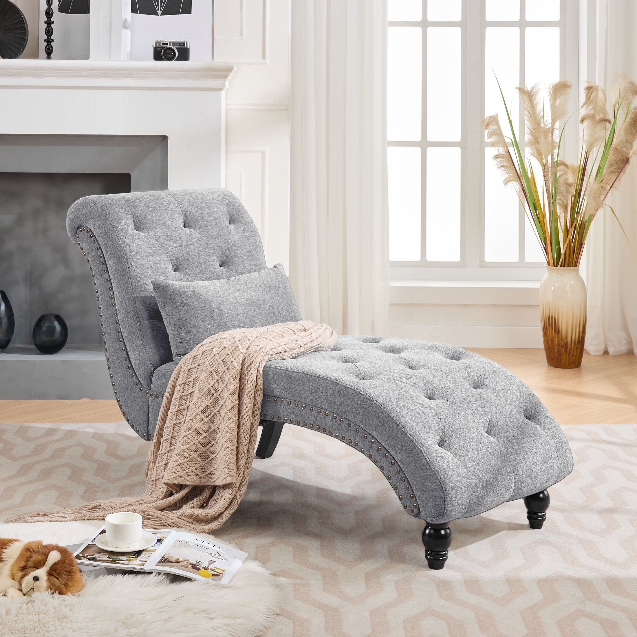 Weture Tufted Soft Chaise Lounge Indoor, Rivets Armless Linen ...
